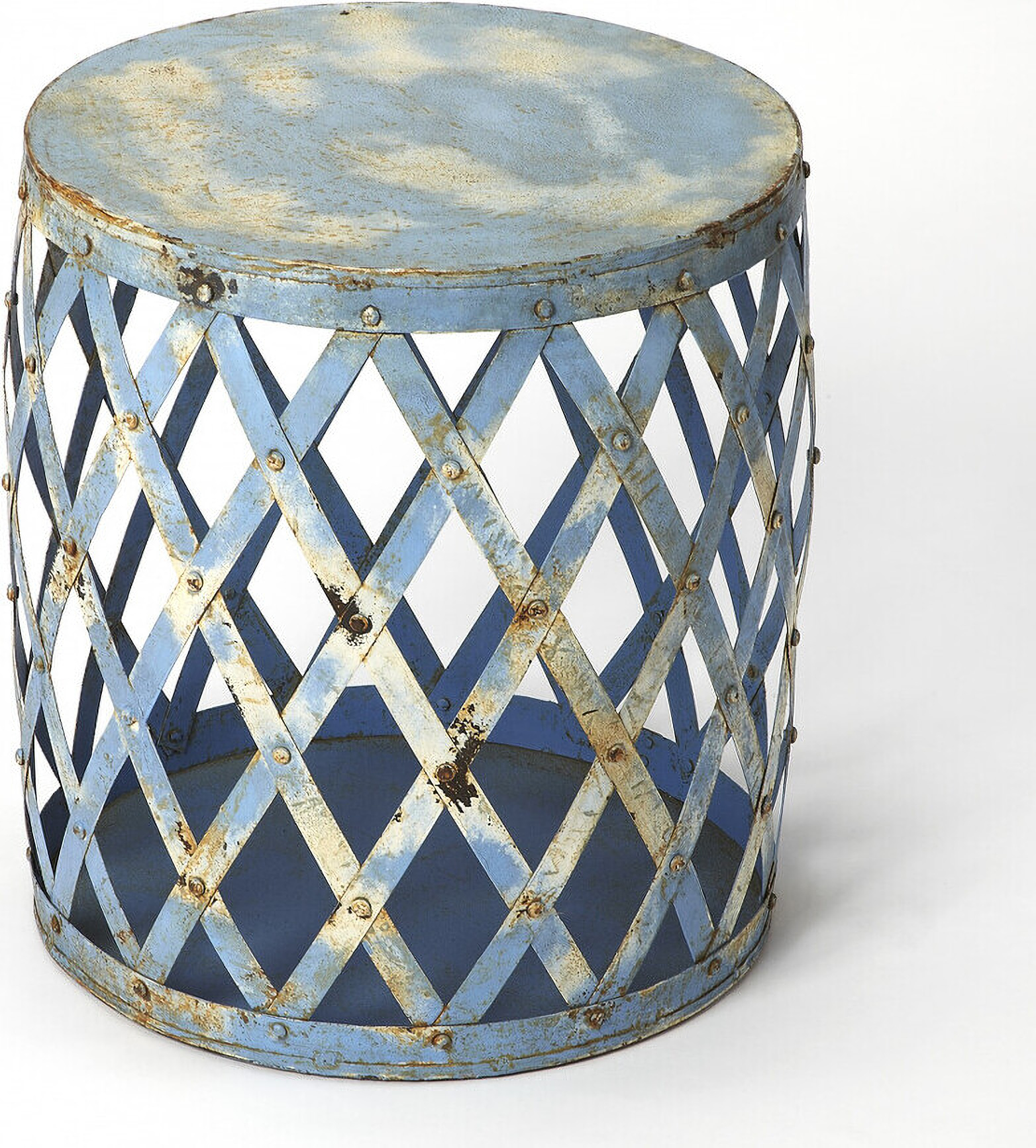 17 Inch Iron Lattice Round Top End Table In Rustic Blue by Homeroots ...
