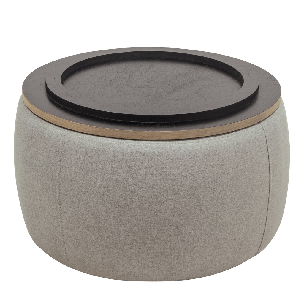 26 Inch Fabric and Wood Reversible Tray Top Round Storage Ottoman In ...