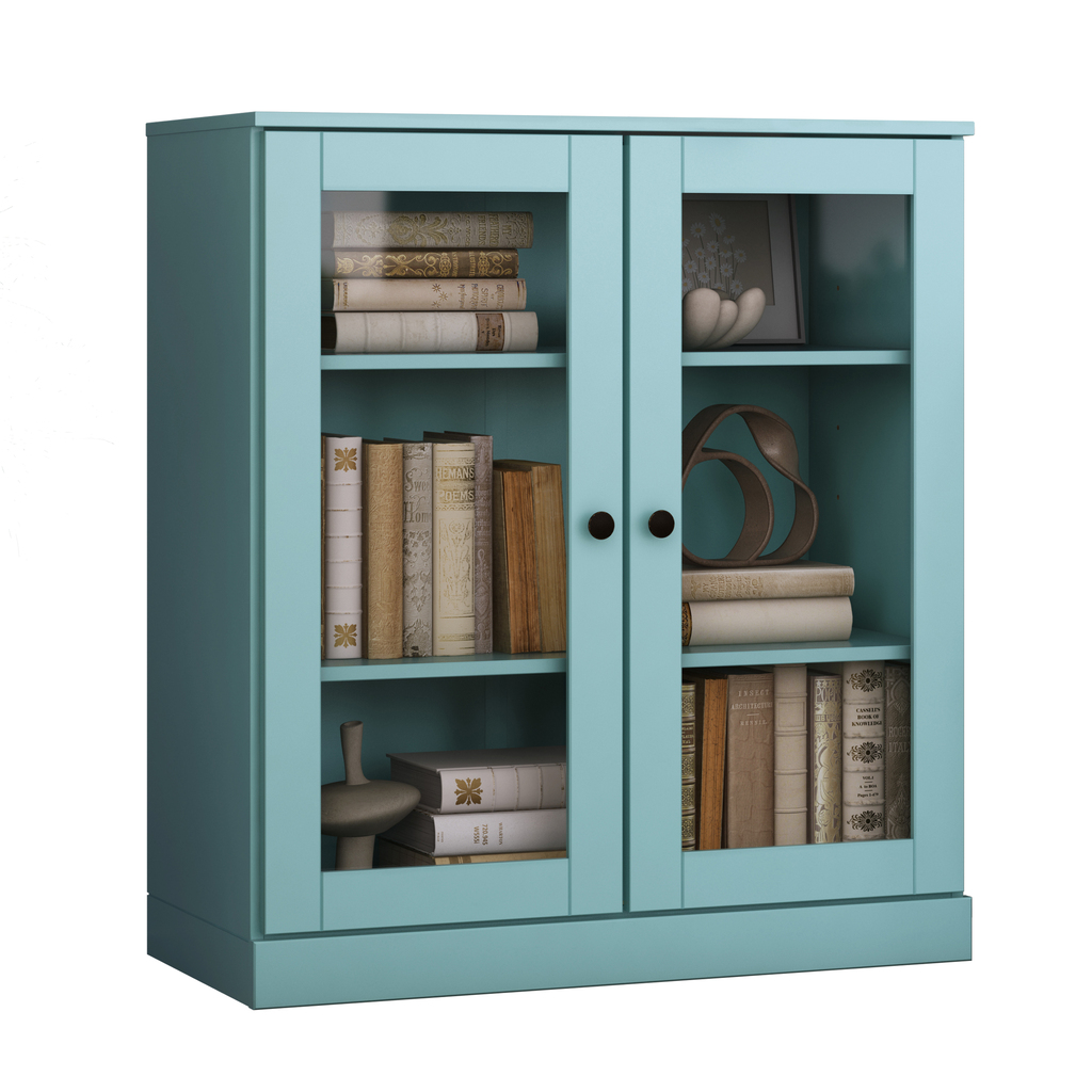 3-Shelf Bookcase with Clear Glass Doors and Adjustable Shelves In Aqua ...