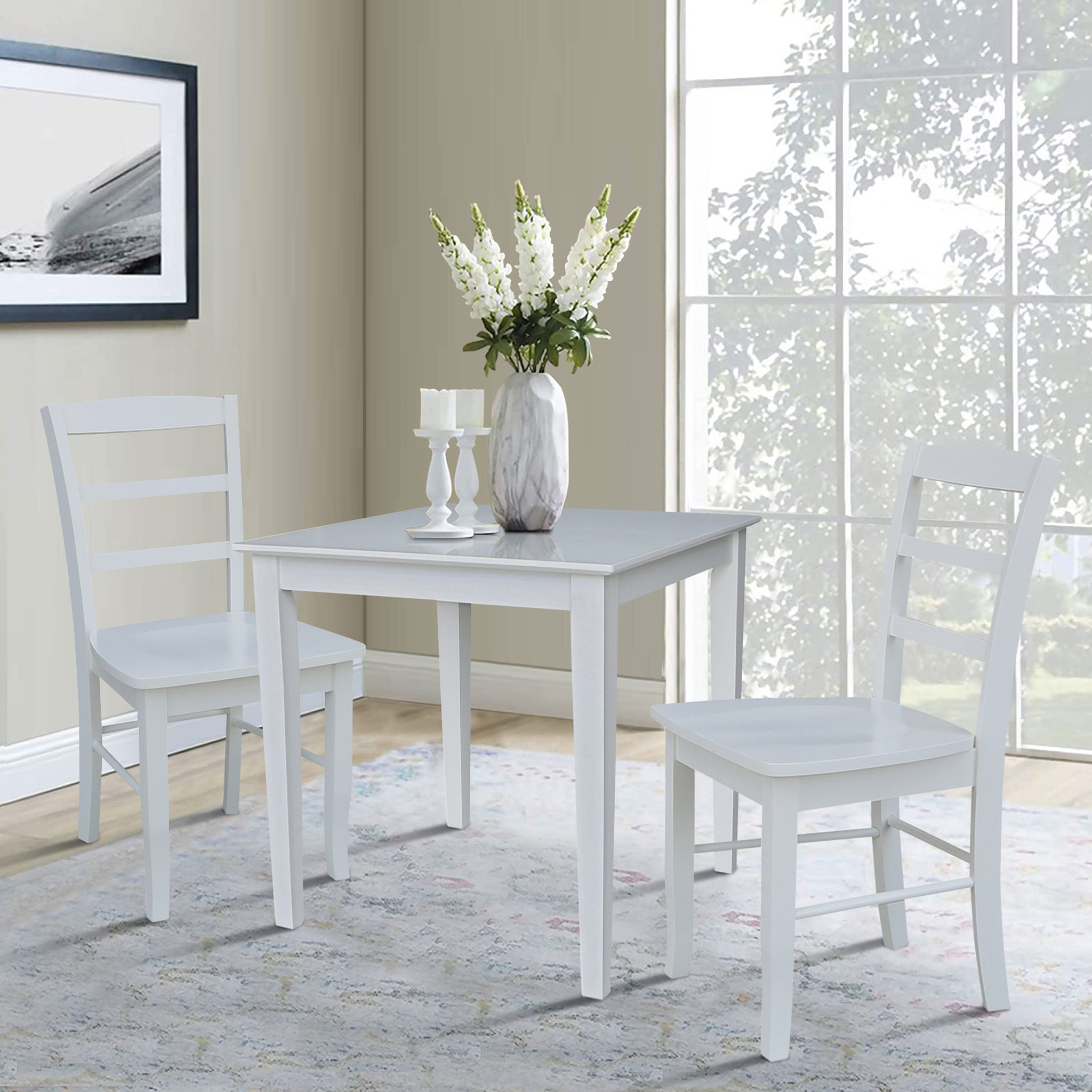 30 x 30 Inch Dining Table with 2 Ladder Back Chairs In White by ...