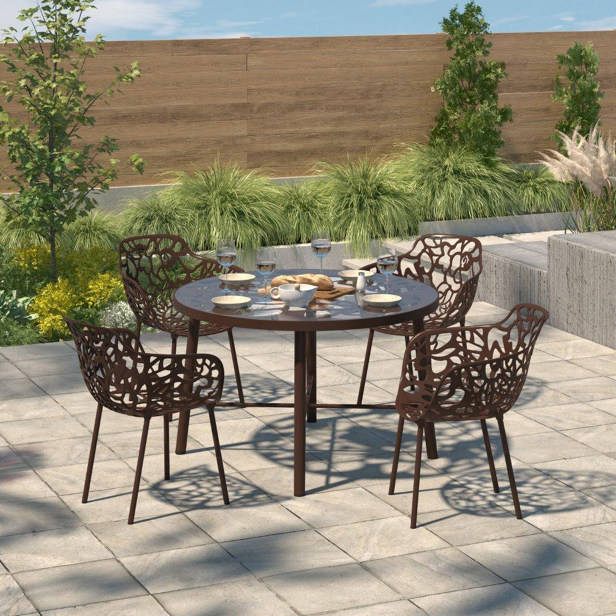 4 LeisureMod Devon Brown Aluminum Arm Chairs | 1StopBedrooms