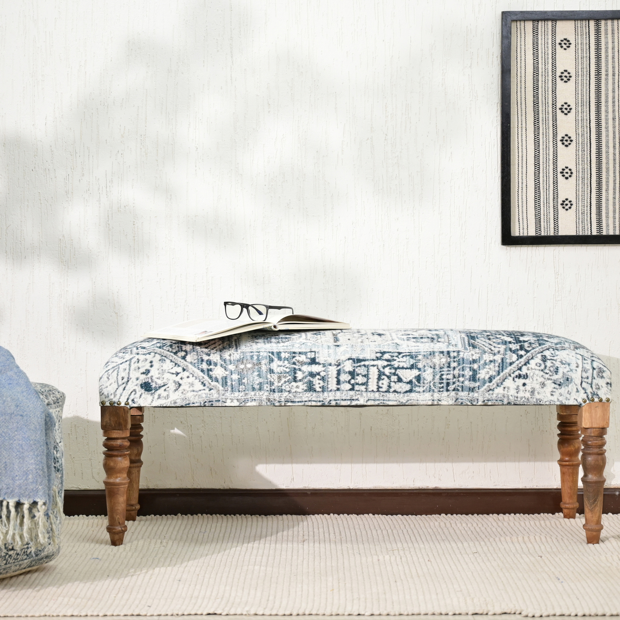 48 Inch Ethnic Upholstered Bench In Blue by Albany Living | 1StopBedrooms