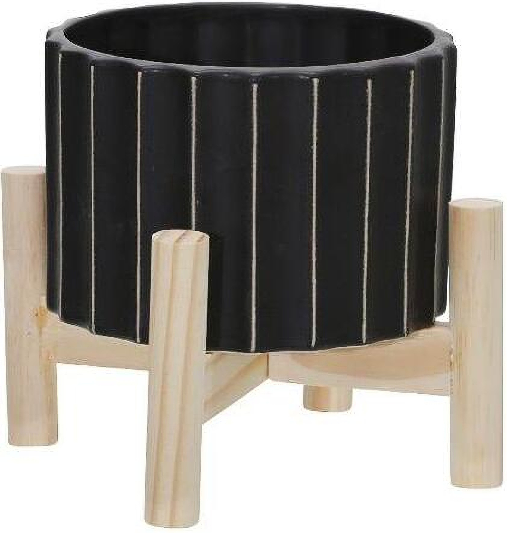 6 Inch Ceramic Fluted Planter With Wood Stand In Black by Sagebrook ...