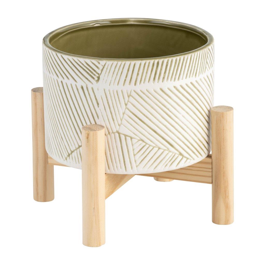 6 Inch Ceramic Planter With Wood Stand In Green Mix by Sagebrook ...
