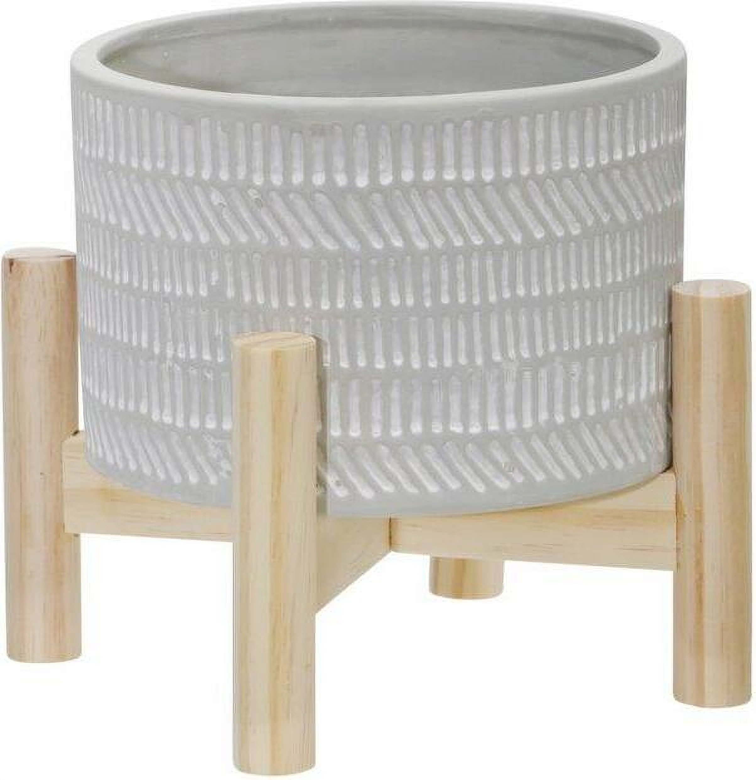 6 Inch Ceramic Tribal Planter With Wood Stand In Beige by Sagebrook ...