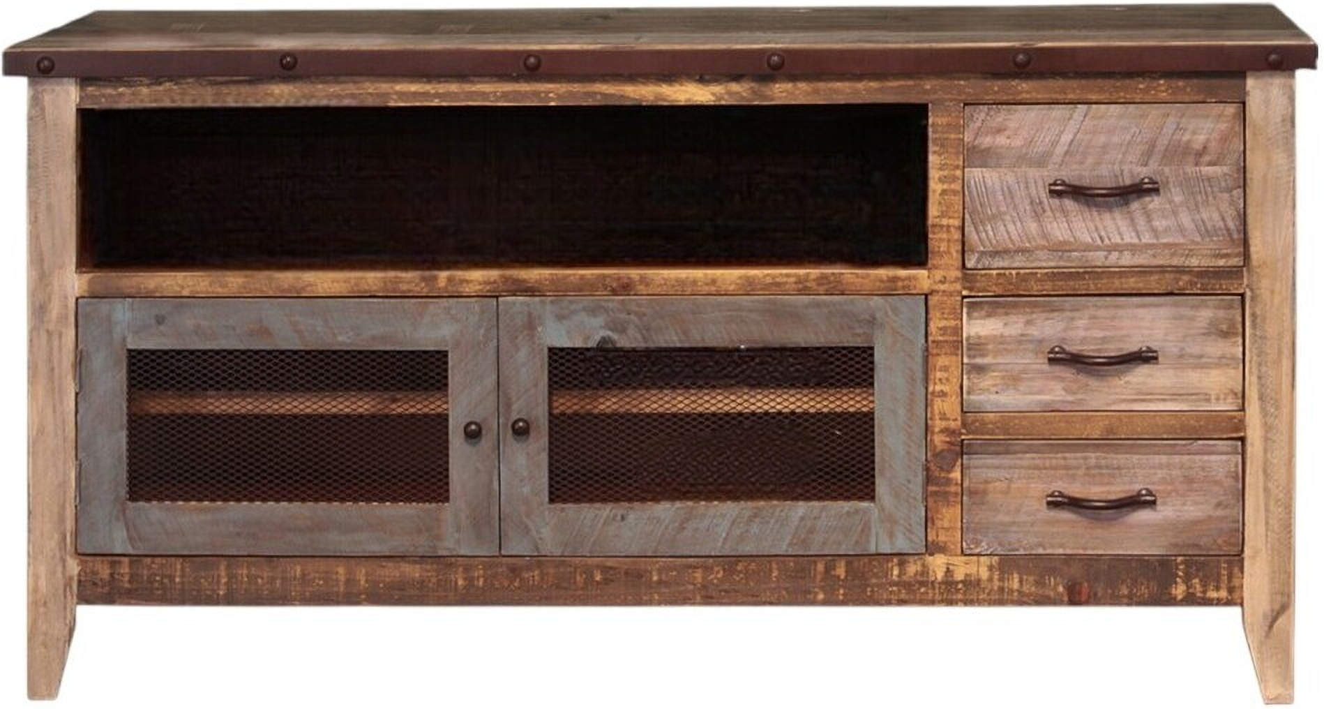 61 Inch Solid Wood Cabinet Enclosed Storage Distressed TV Stand In ...