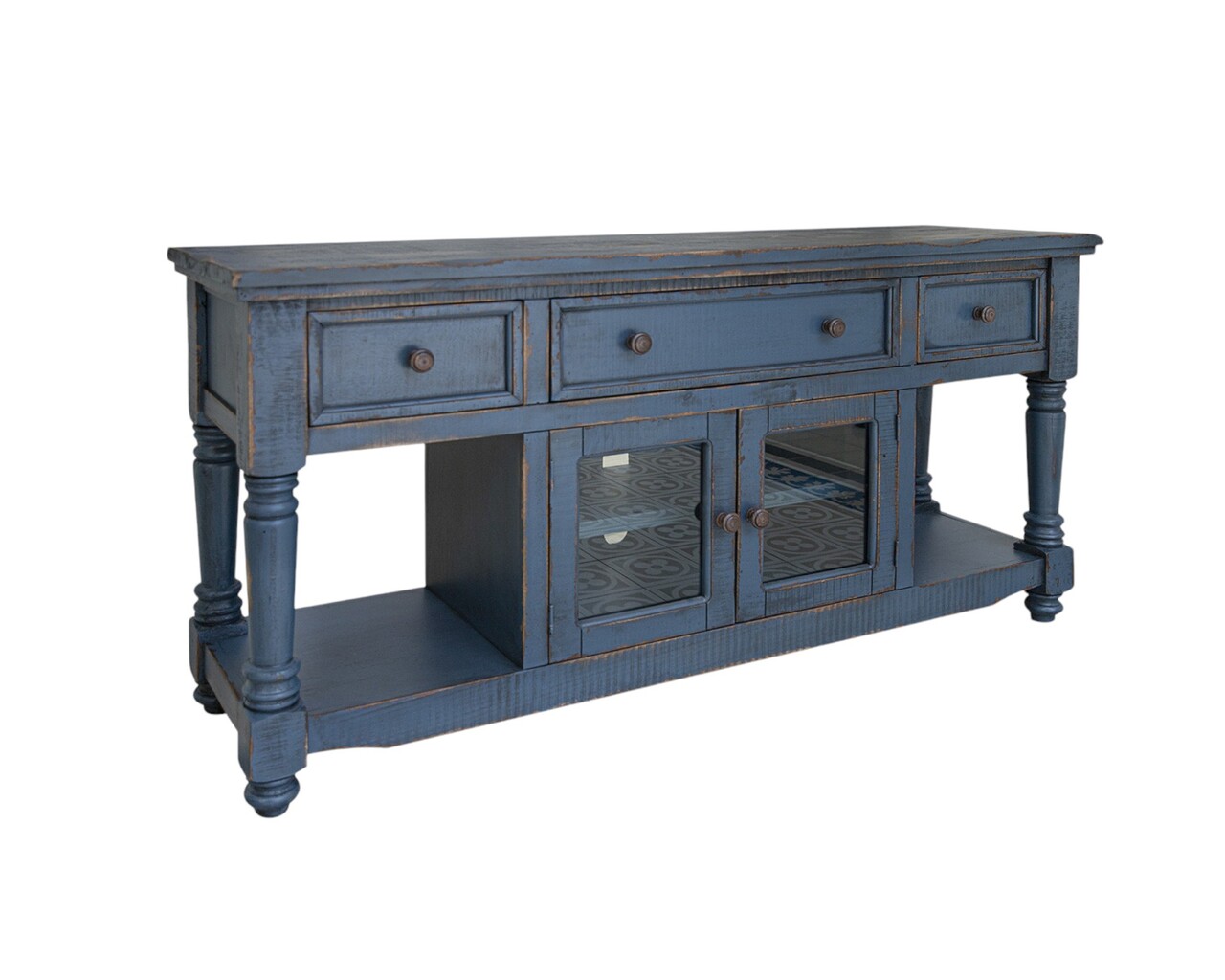 70 Inch Mango Solid Wood Open shelving Distressed TV Stand In Blue by ...
