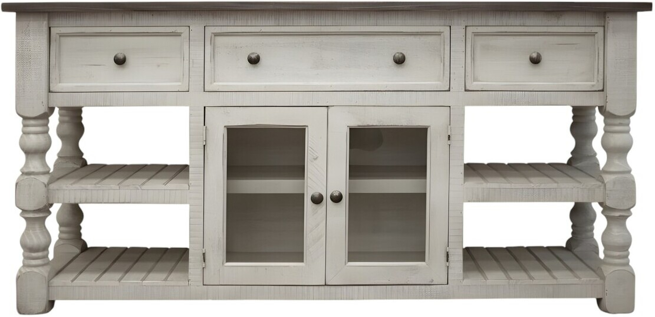81 Inch Solid Wood Open shelving Distressed TV Stand In Ivory by ...