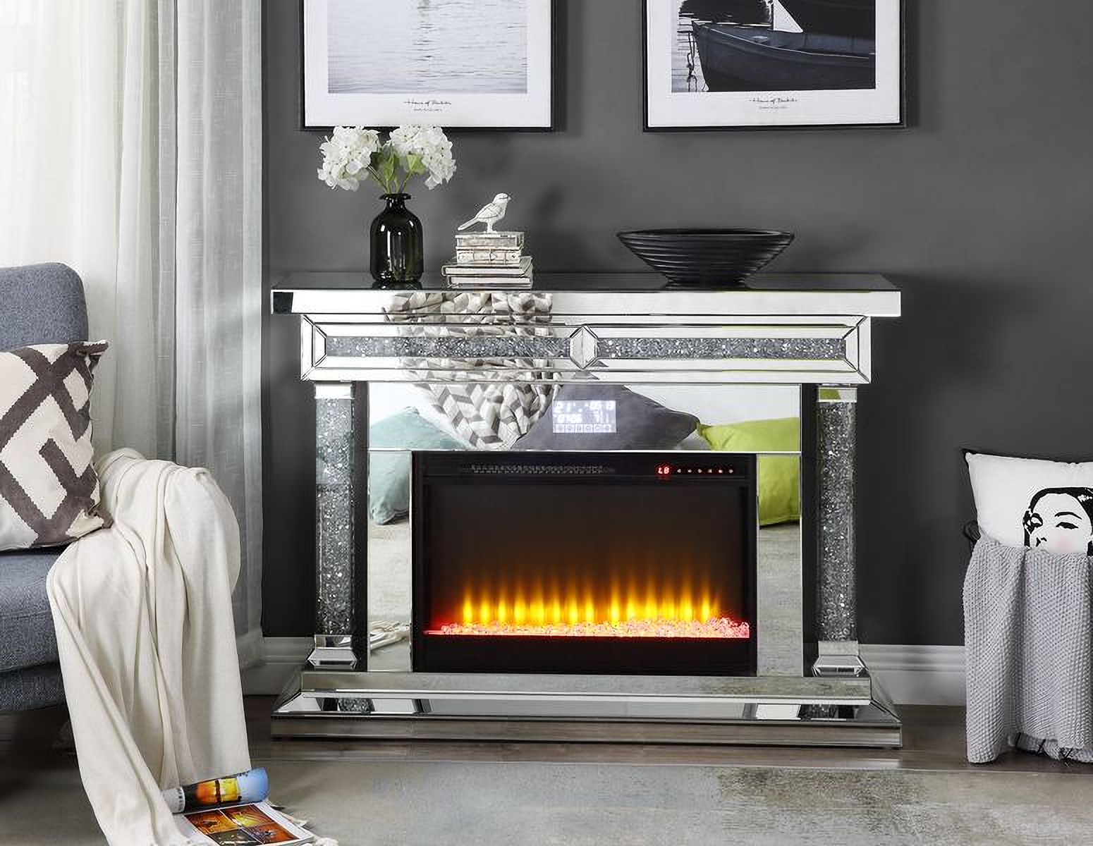 Acme Noralie Fireplace With Bluetooth In Mirrored And Faux Diamonds ...
