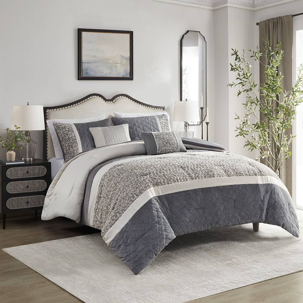 Amelia 5 Piece Textured Jacquard Stripe Full/Queen Comforter Set with ...
