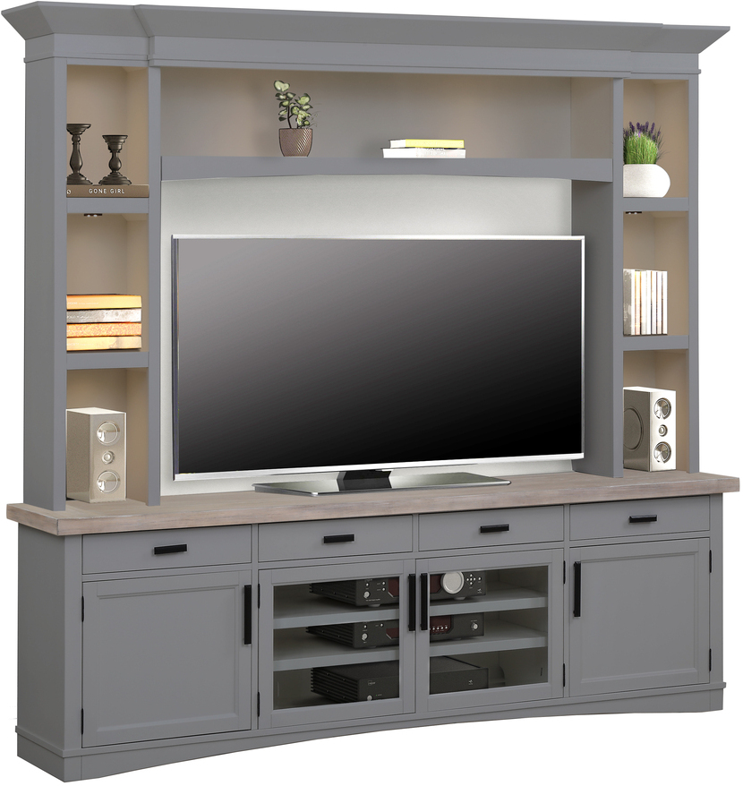 Americana Modern 92 Inch TV Console with Hutch and Led Lights In Dove ...