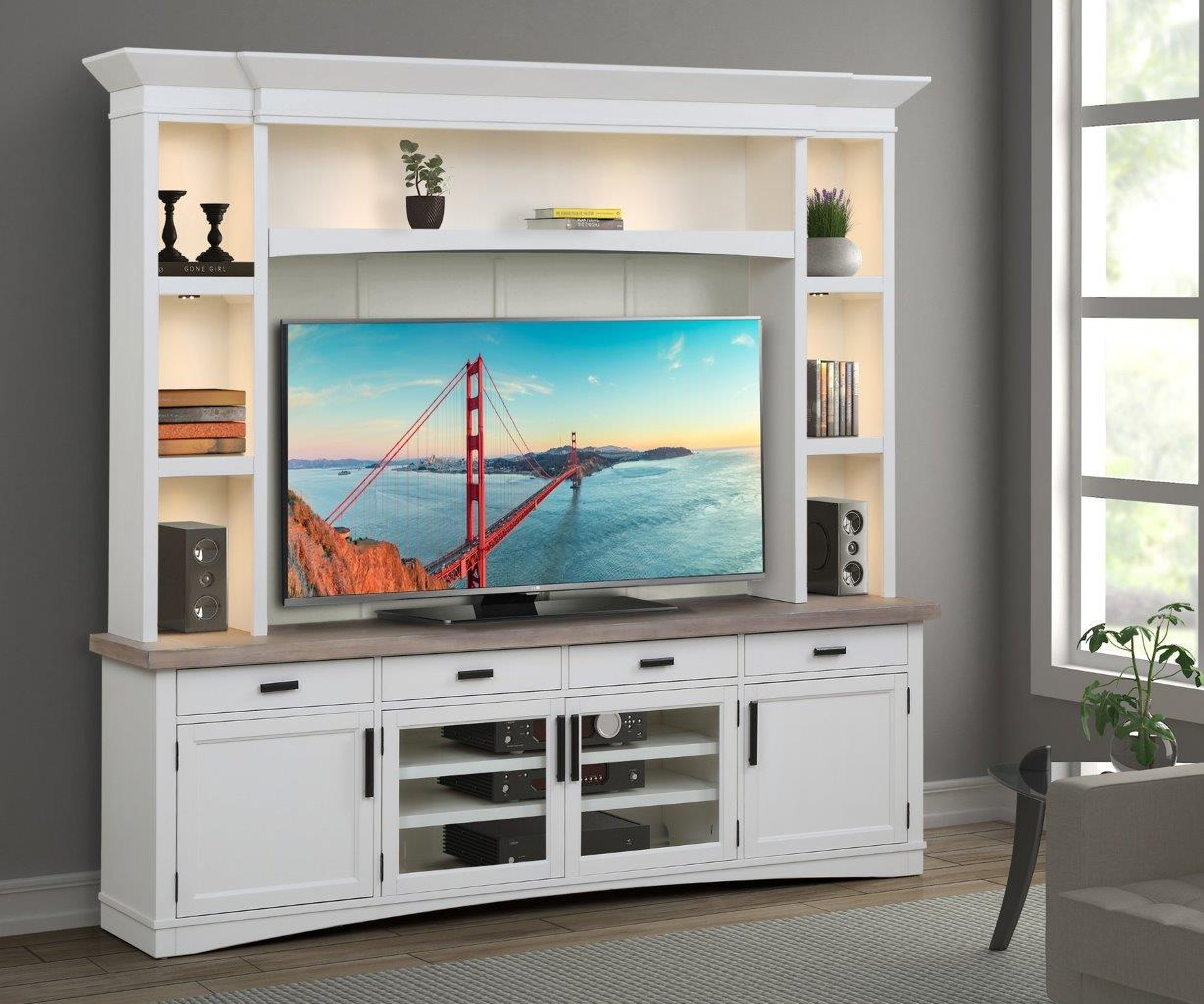Americana Modern Cotton 92 Inch Tv Console With Hutch, Backpanel And ...