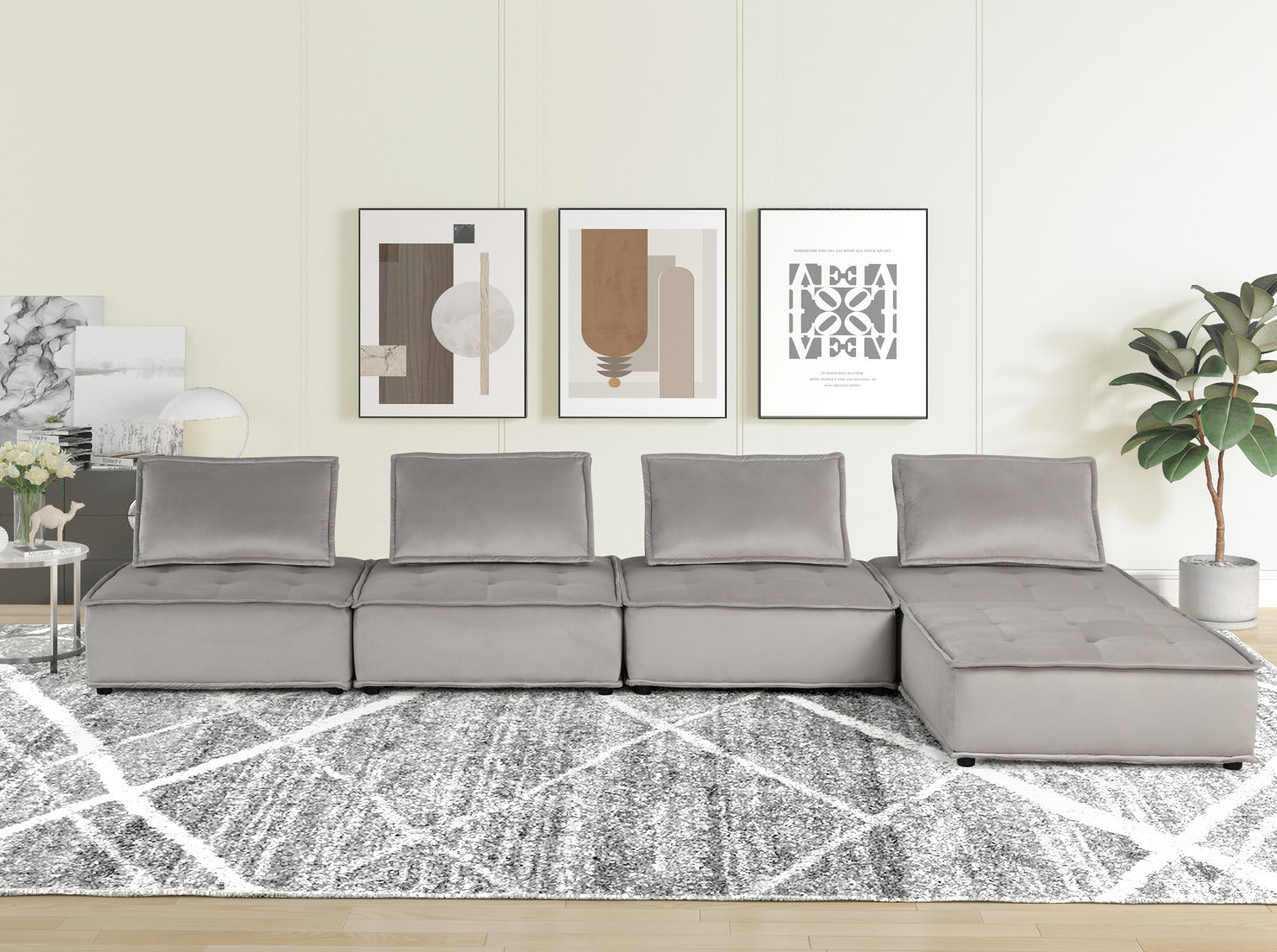 Anna 160 Inch Velvet 5 Piece Sectional Sofa Ottoman In Light Gray by ...