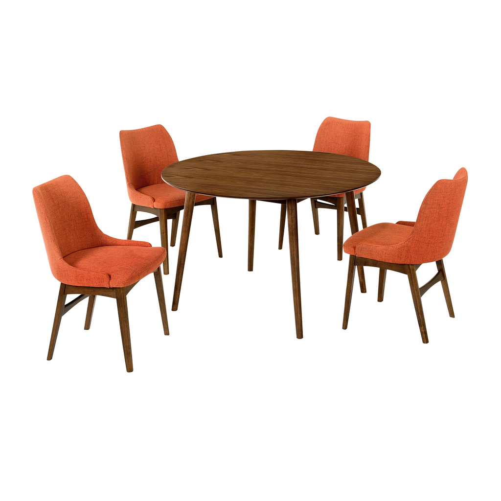 Arcadia and Azalea 48 Inch Round Orange and Walnut Wood 5-Piece Dining Set by Armen Living ...