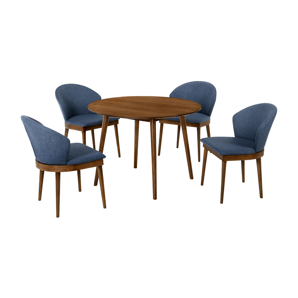 Arcadia and Juno 42 Inch Round Blue and Walnut Wood 5-Piece Dining Set by Armen Living ...