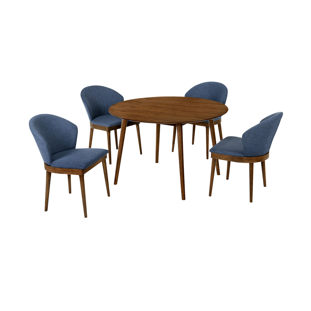 Arcadia and Juno 48 Inch Round Blue and Walnut Wood 5-Piece Dining Set by Armen Living ...