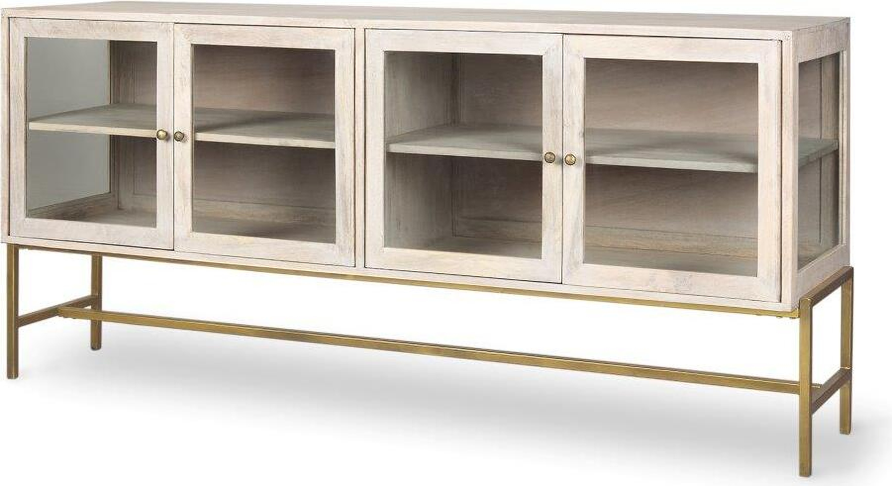Arelius White Wood With Gold Metal Base 4 Door Glass Cabinet Sideboard 1StopBedrooms