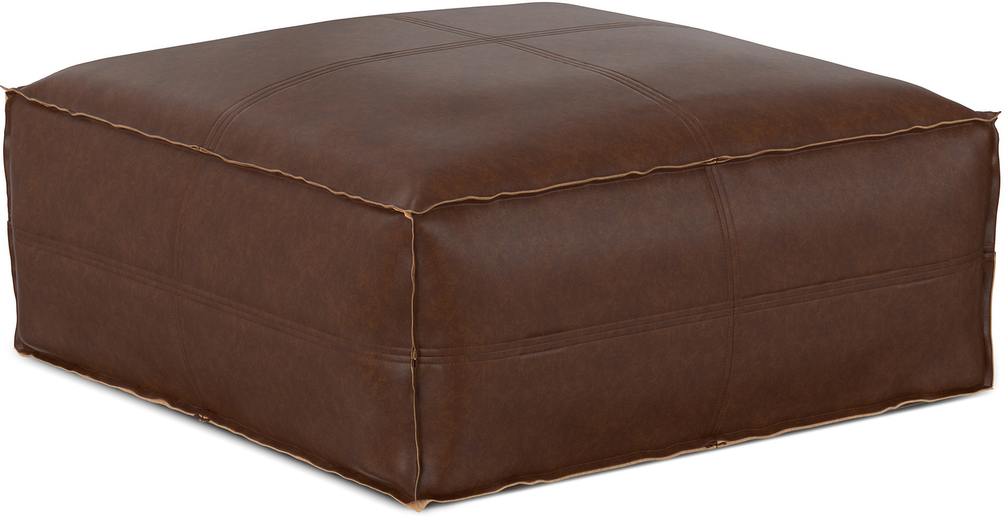Ascendant 30 Inch Faux Leather Square Pouf with Top Stitching Detail In ...