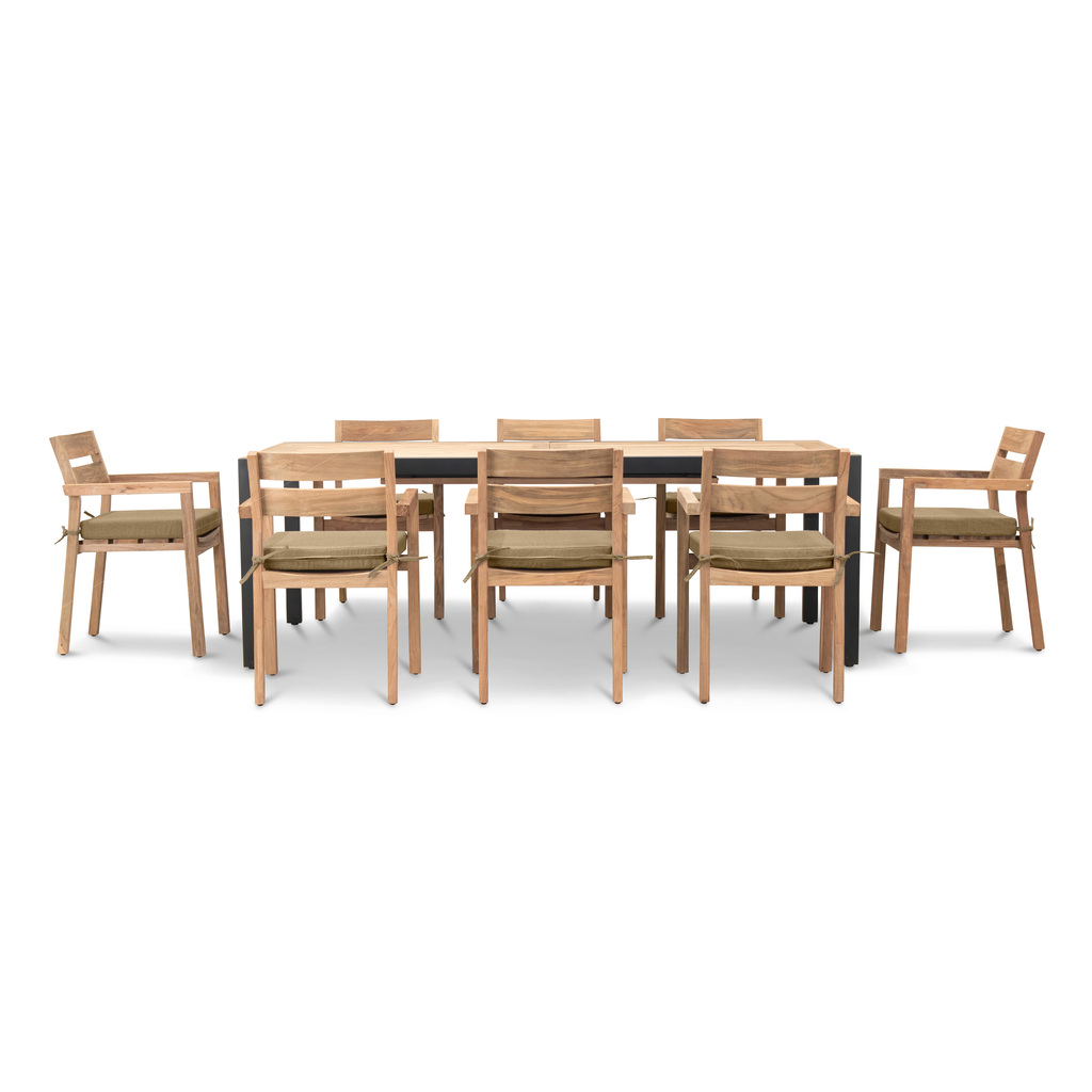 Asher Communal 8 Seat Extendable Dining Set In Heather Beige and Teak ...
