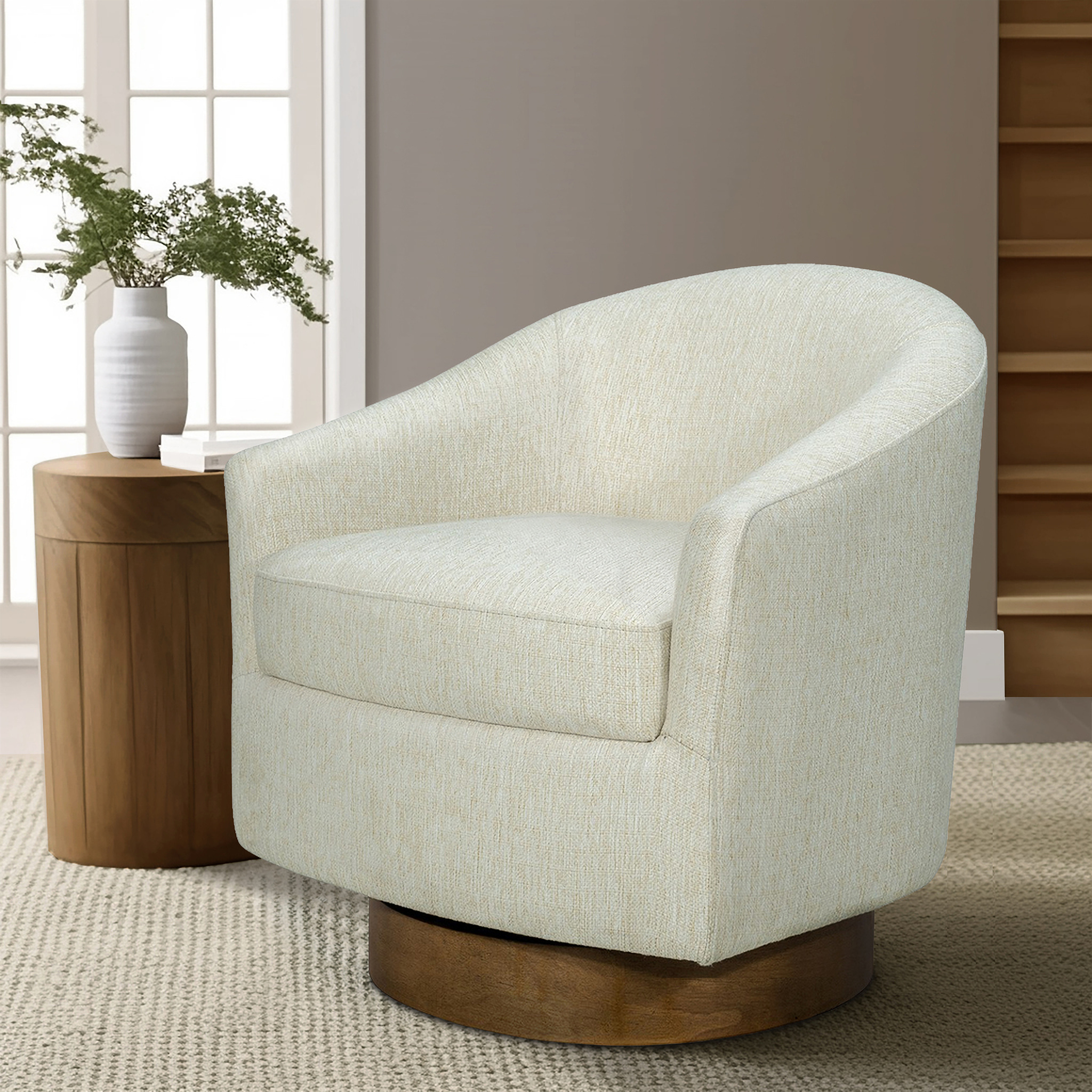 Ashton Upholstered Swivel Chair with Wood Base In Cream by Olliix ...