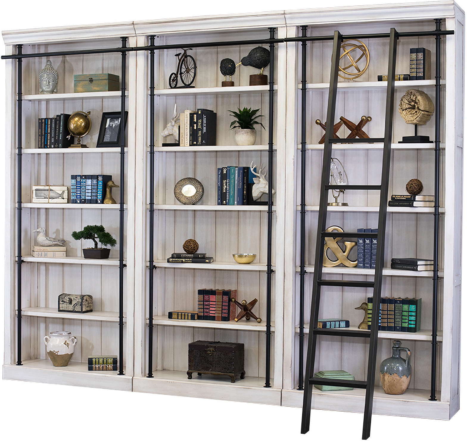 Avondale 120 Inch Tall Wall Bookcase with Ladder In White Avondale 120 Inch Tall Wall Bookcase with Ladder In White