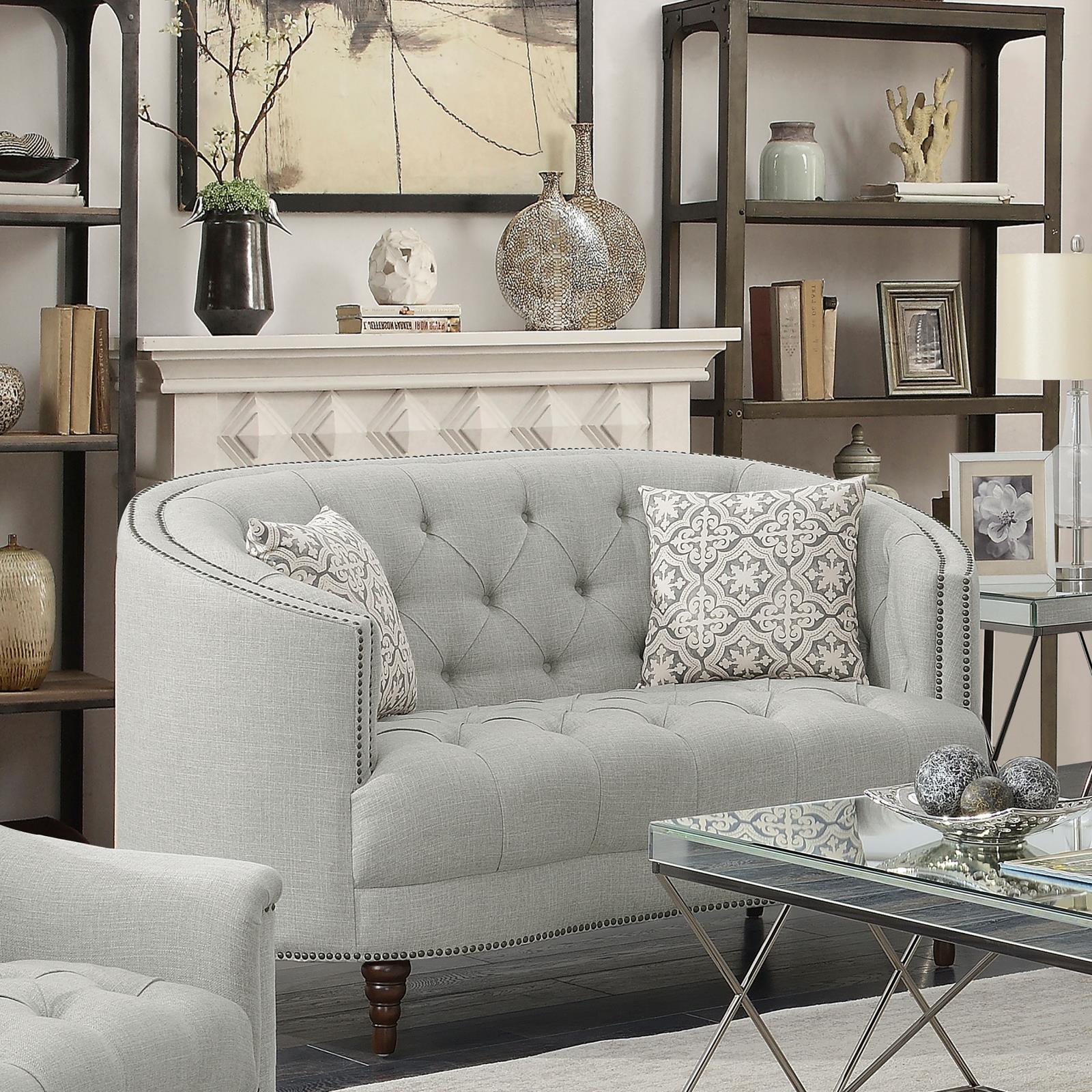 Avonlea Sloped Arm Upholstered Loveseat Trim Grey 1StopBedrooms