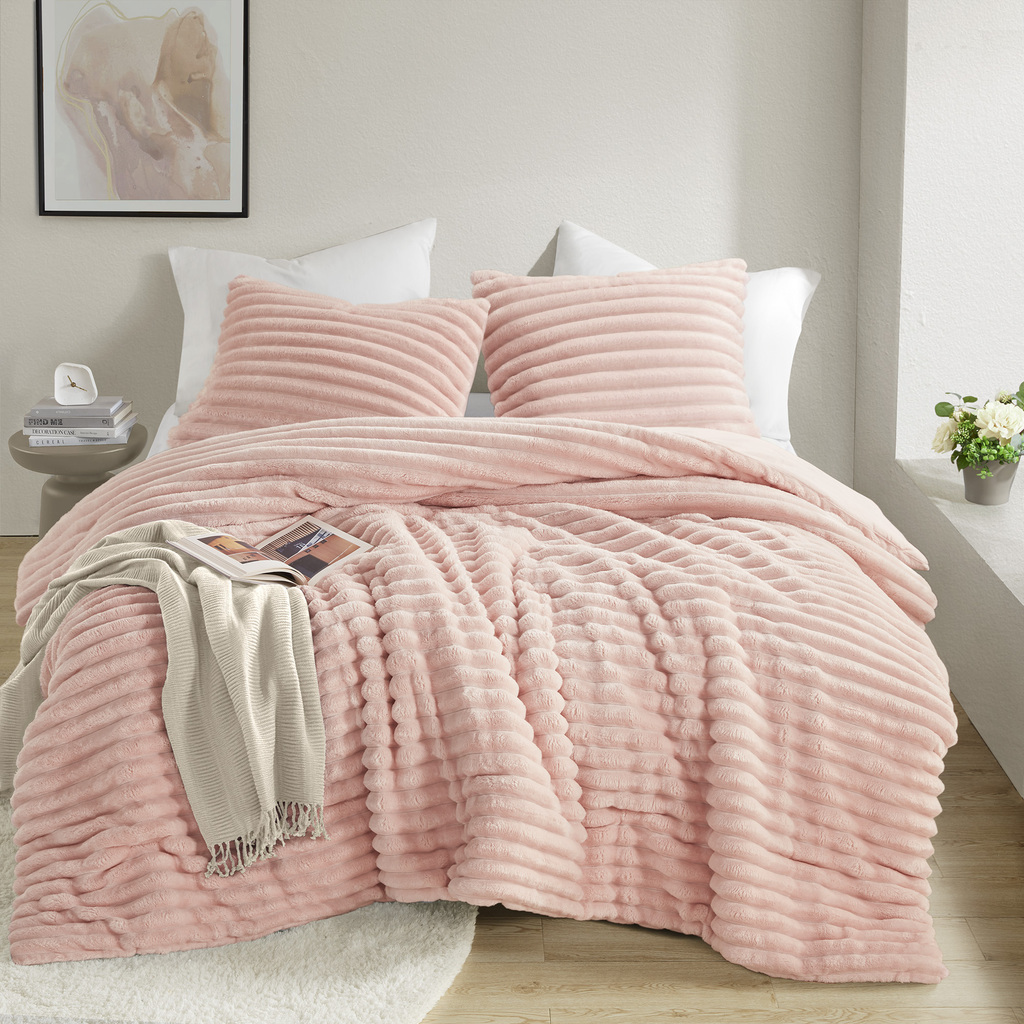 Avril Fluffy Ribbed Plush Comforter Set In Pink by Olliix | 1StopBedrooms