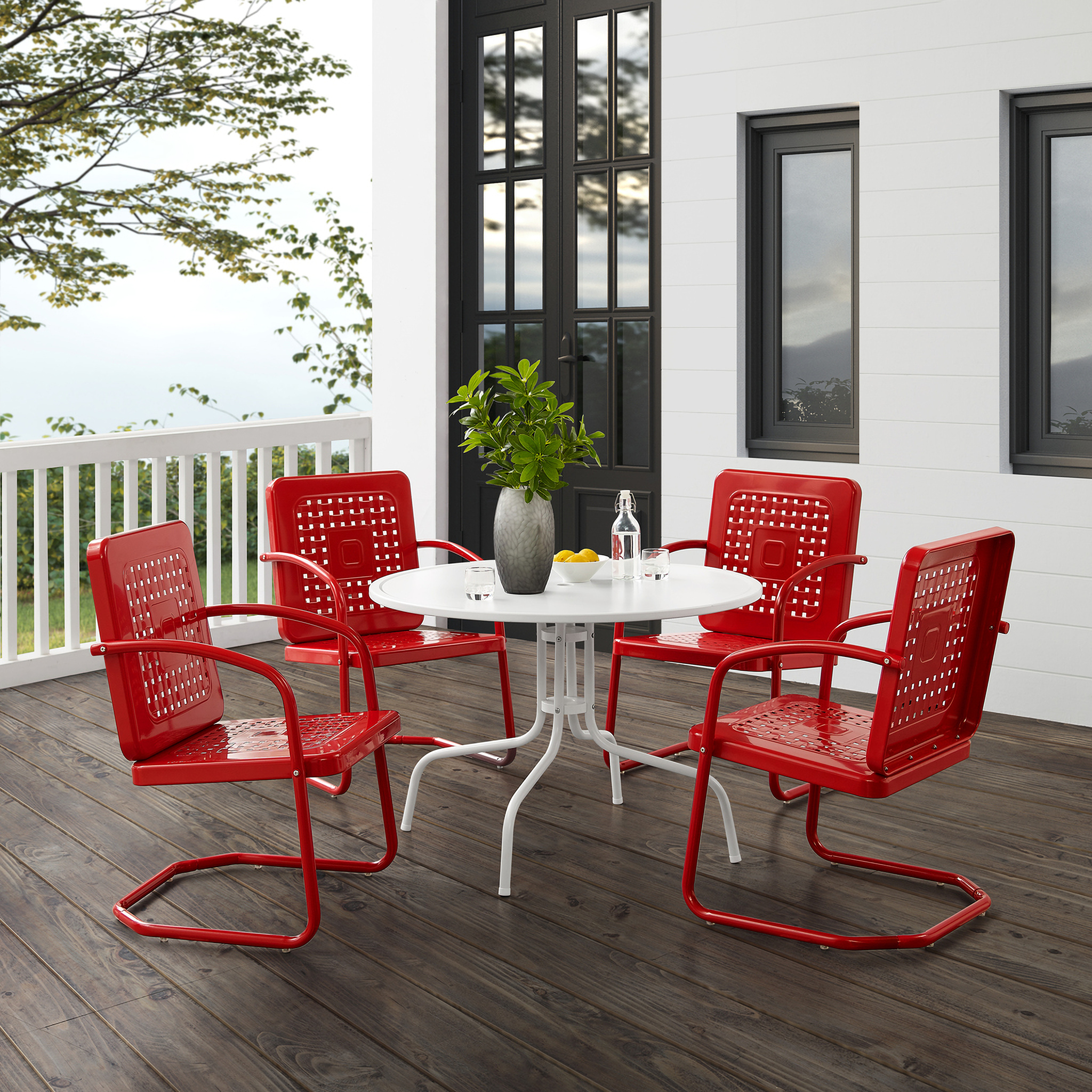 Bates 5 Piece Round Retro Outdoor Dining Set In Bright Red Gloss and ...