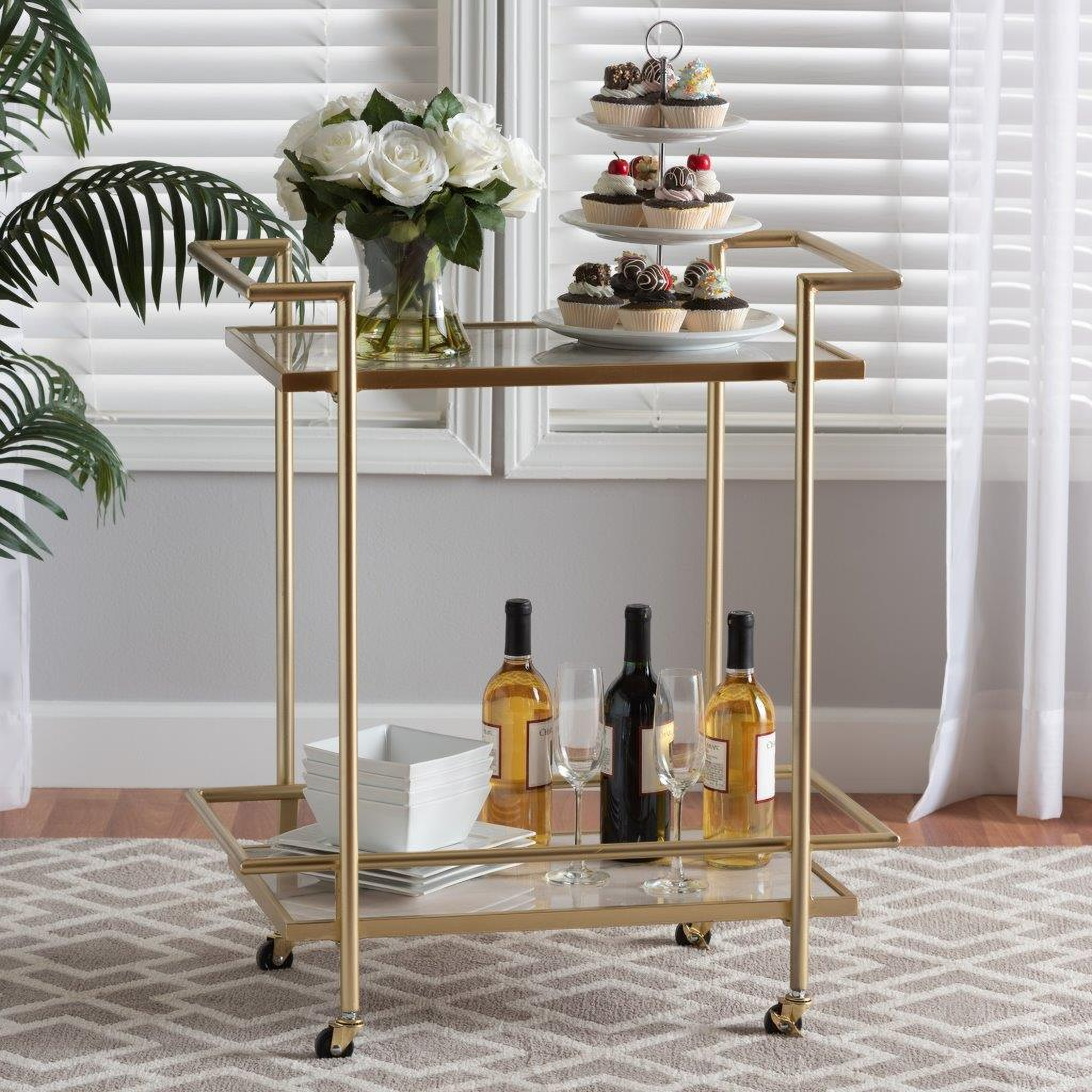 Baxton Studio Louise Contemporary Glam and Luxe Gold Metal and White Marble 2-Tier Wine Cart ...