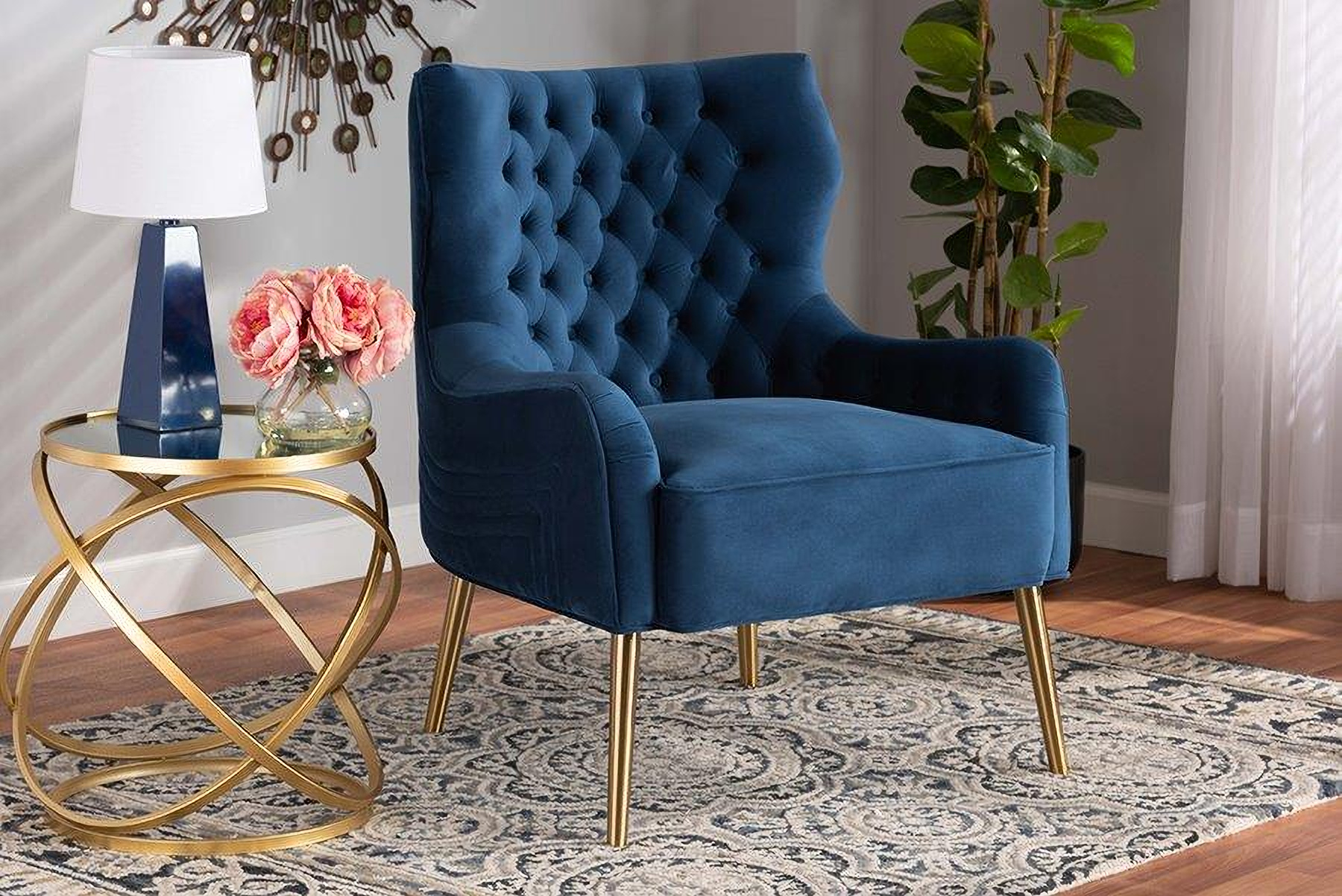Baxton Studio Nelson Navy Blue Velvet Fabric and Gold Finished Metal Armchair
