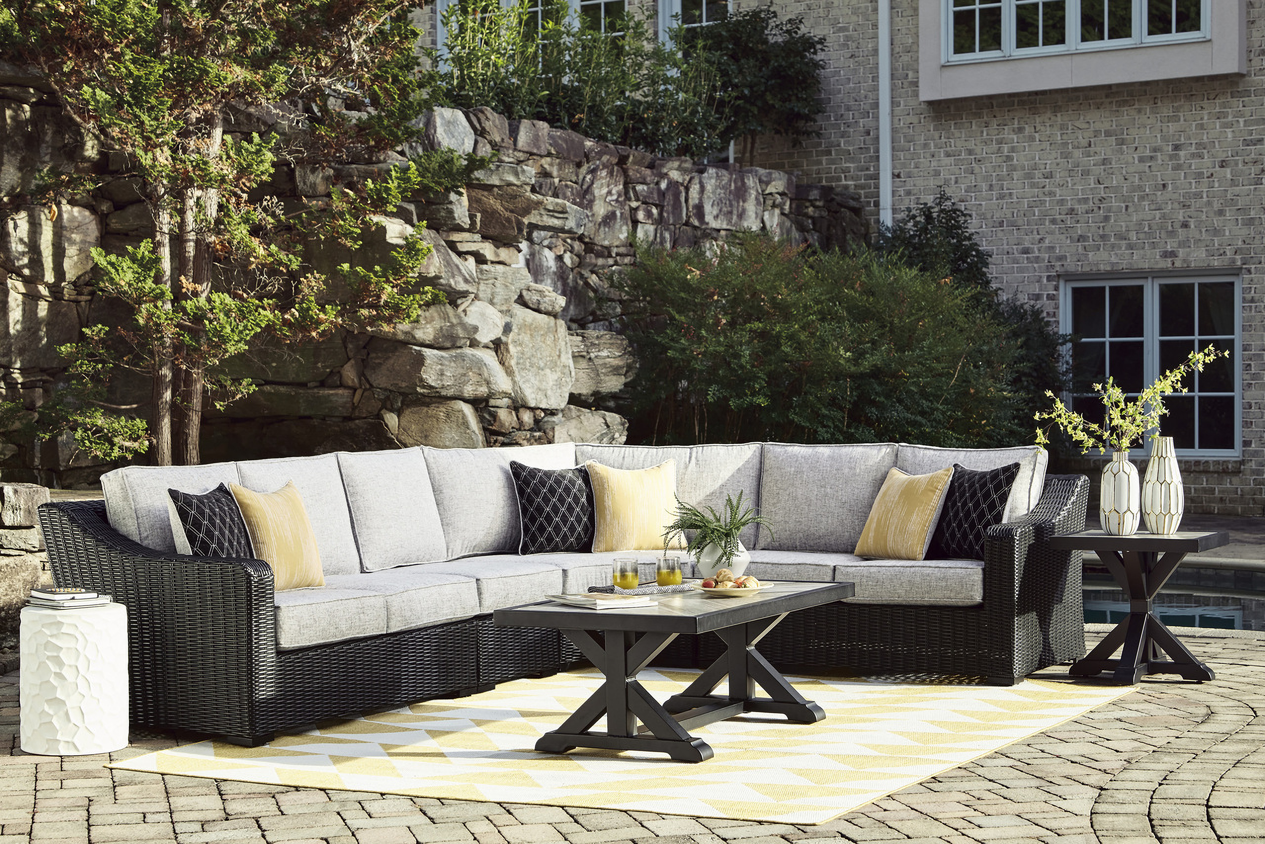 Beachcroft Outdoor Rectangular Occasional Table Set In Black and Grey ... Beachcroft Outdoor Rectangular Occasional Table Set In Black and Grey ...