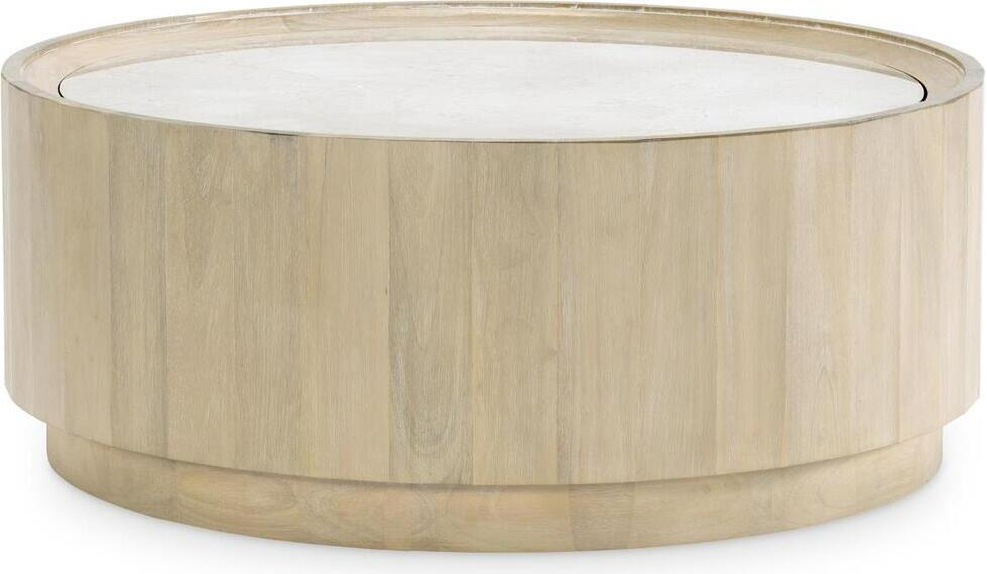 Biscayne Round Drum Cocktail Table with Travertine Top and Casters In ...