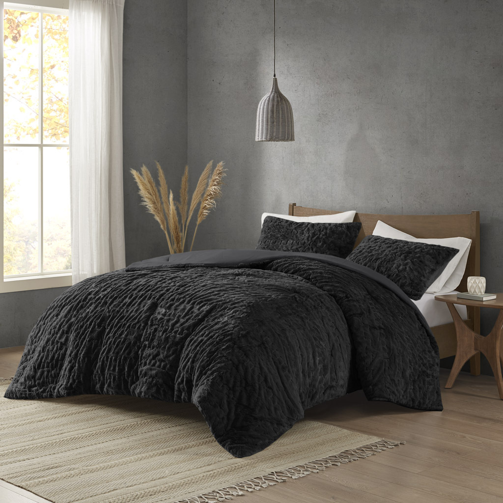 Blair Ruched Fur Down Alternative Full/Queen Comforter Set In Black by ...