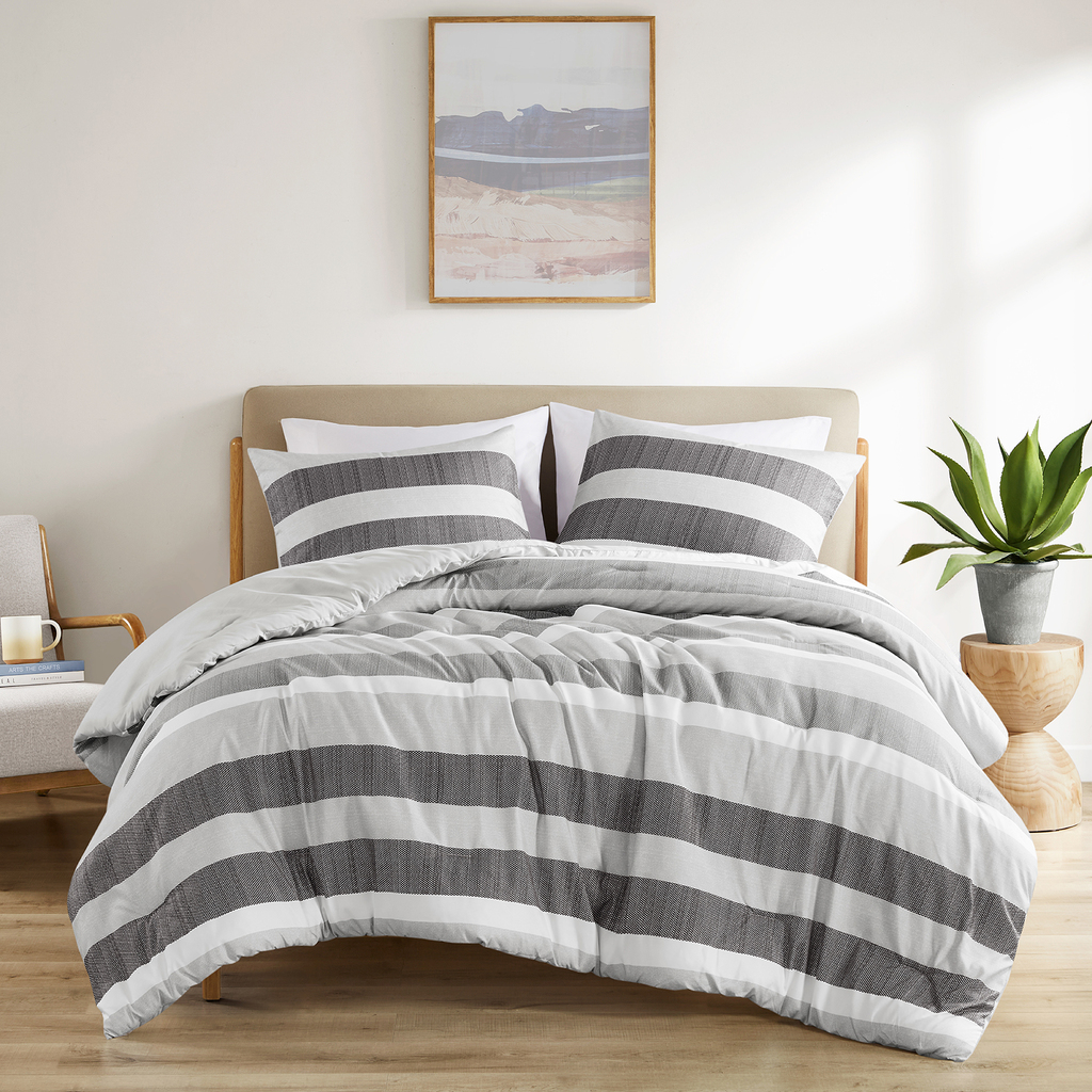 Blake Stripe Textured Print Comforter Set In Black and Grey by Olliix ...