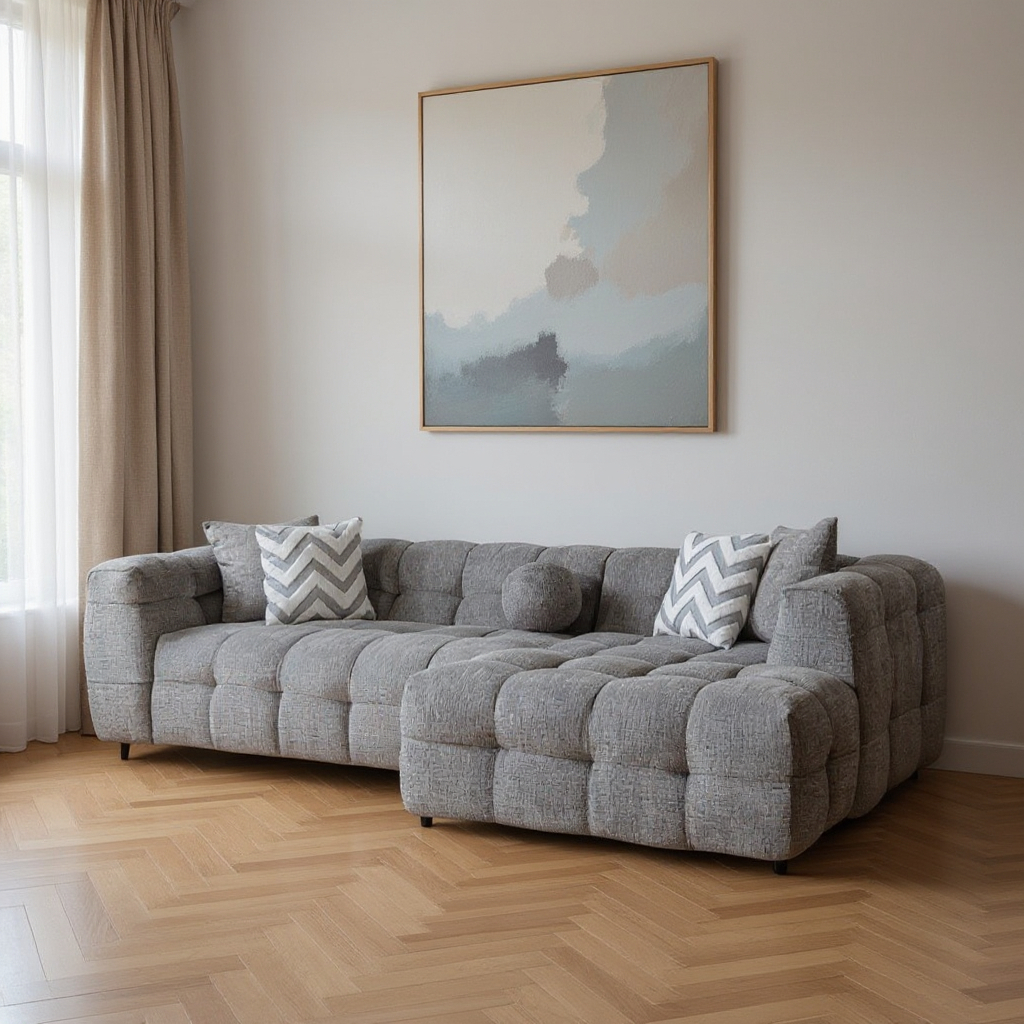 Boucle L Shaped Two Piece Sofa and Chaise Sectional with Toss Pillows ...