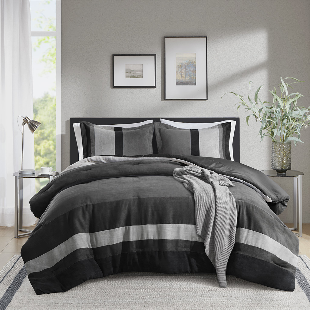 Boulder Stripe Pieced Faux Suede Comforter Set In Black by Olliix ...