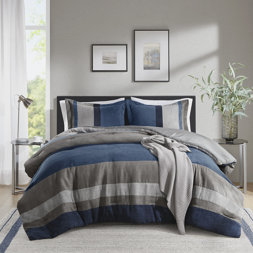 Boulder Stripe Pieced Faux Suede Comforter Set In Blue by Olliix ...