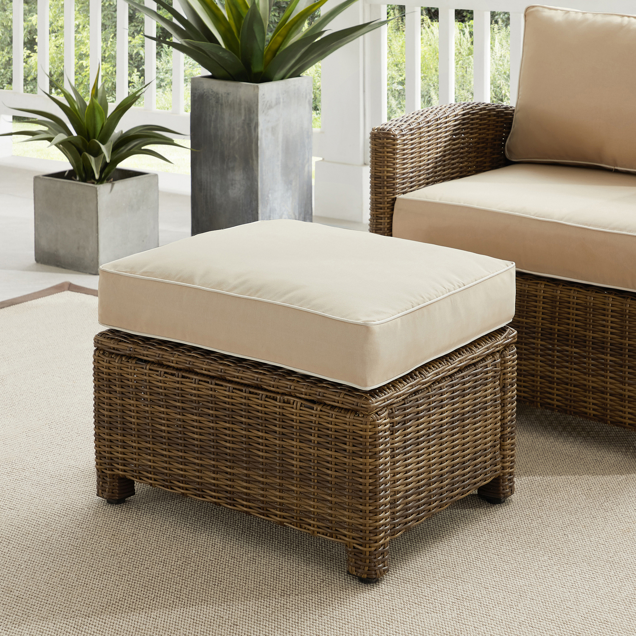 Bradenton Wicker Outdoor Ottoman In Sand and Weathered Brown by Crosley ...
