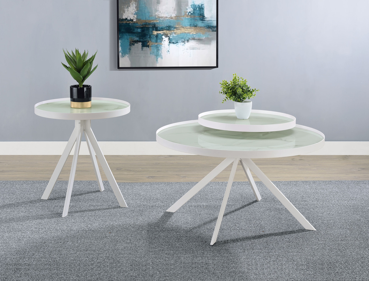 Briggs Round Marble Printed Glass Top Occasional Table Set In White by ...