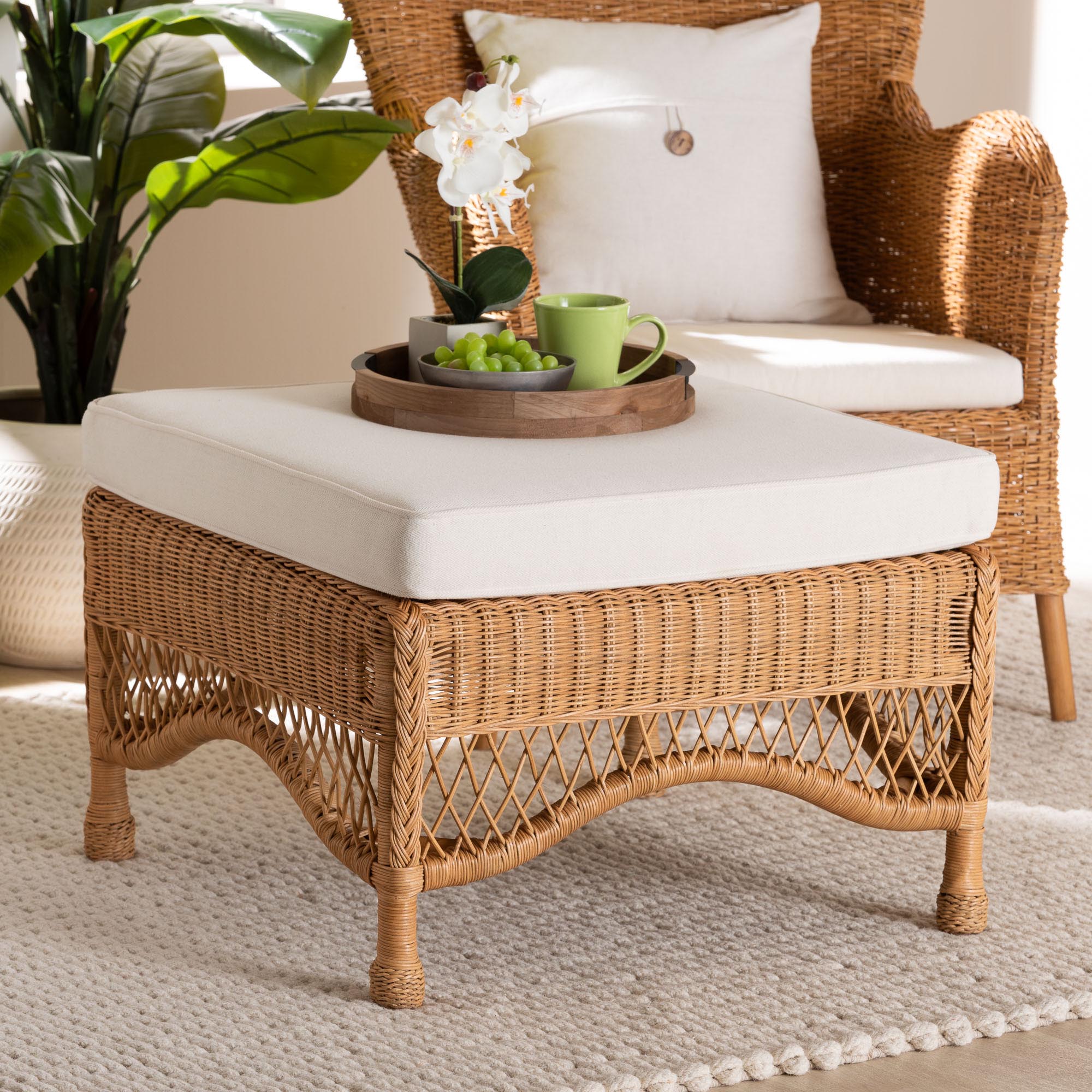 Brooklyn Braided Rattan Ottoman Stool In Light Honey by Baxton Studio ...