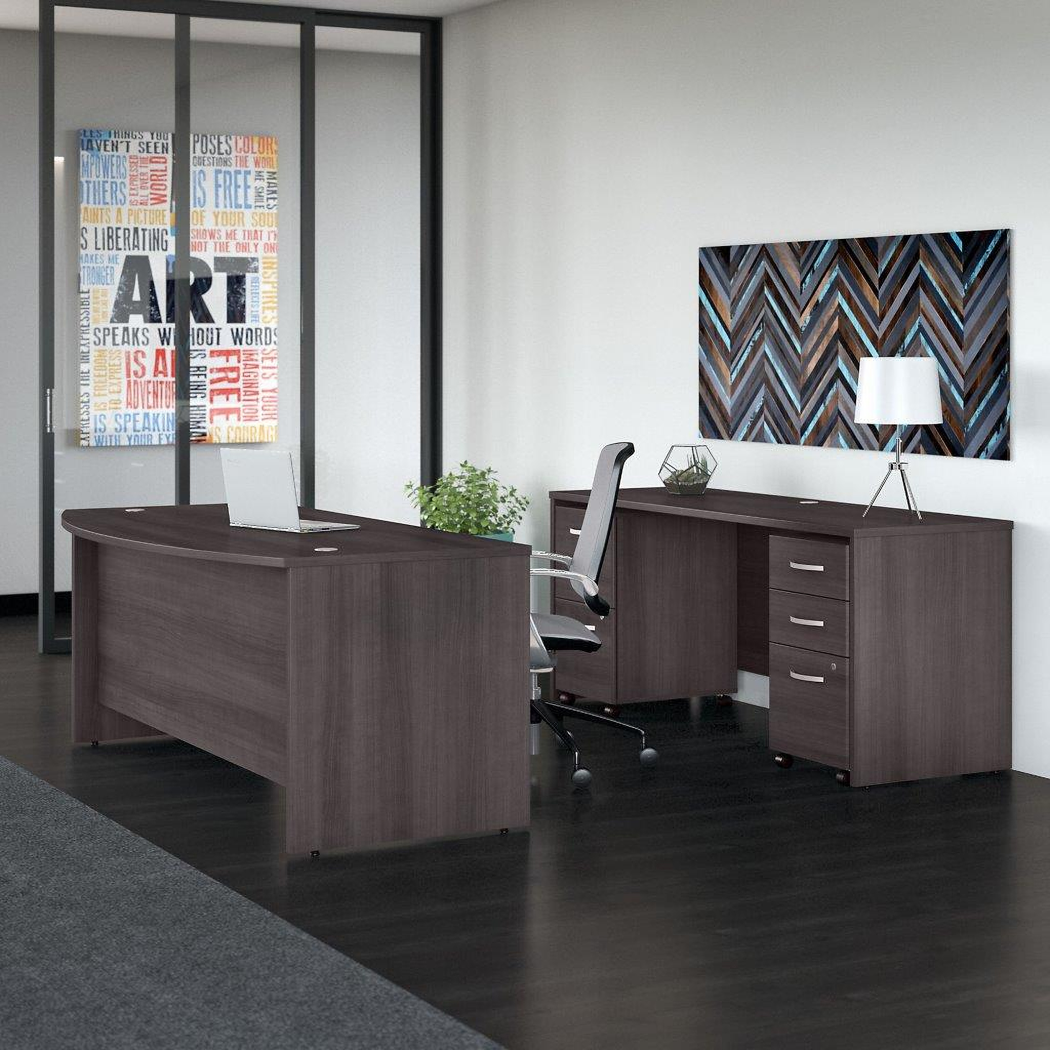 Bush Business Furniture Studio C 72W x 36D Bow Front Desk and Credenza ...