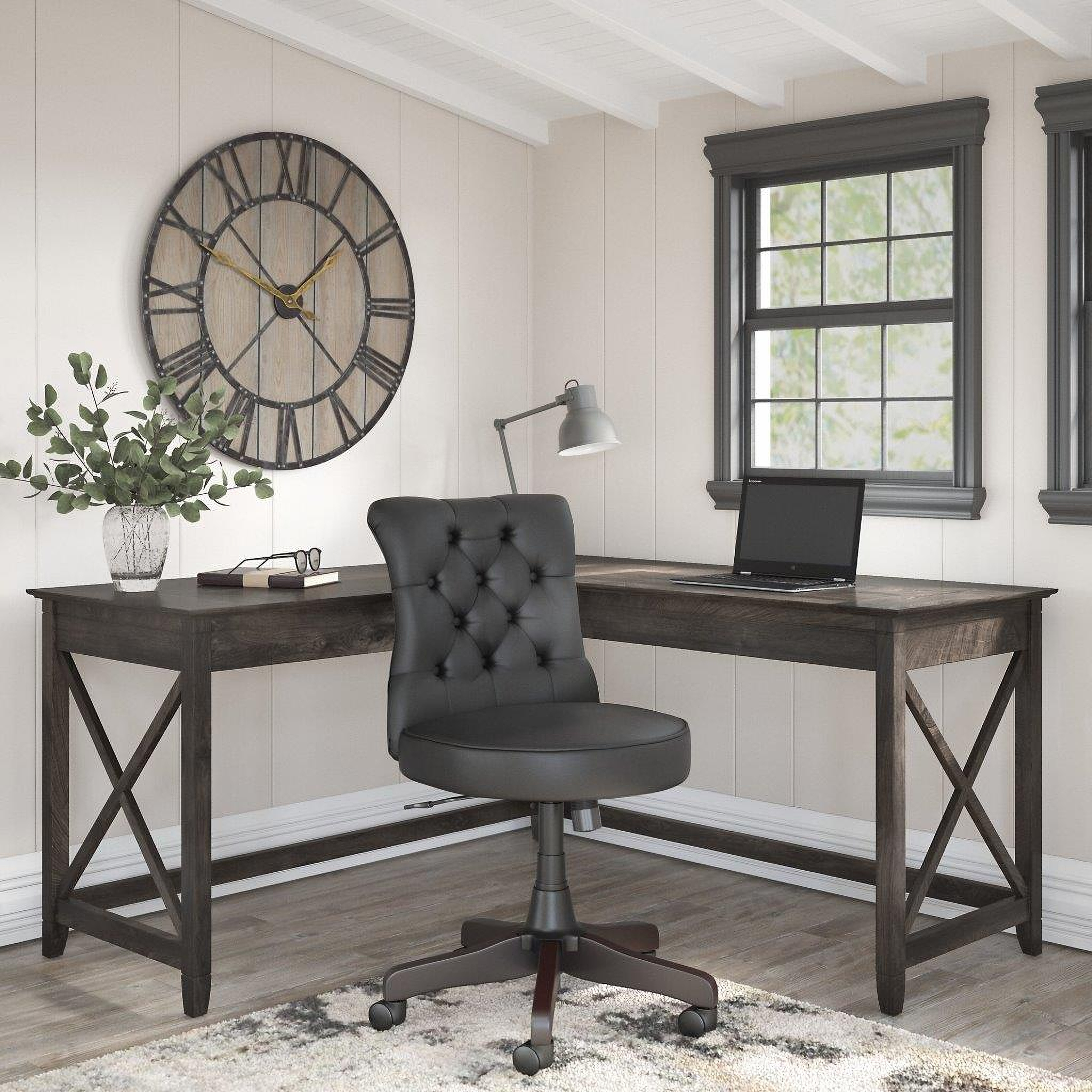 Bush Furniture Key West 60W L Shaped Desk with Mid Back Tufted Office ...