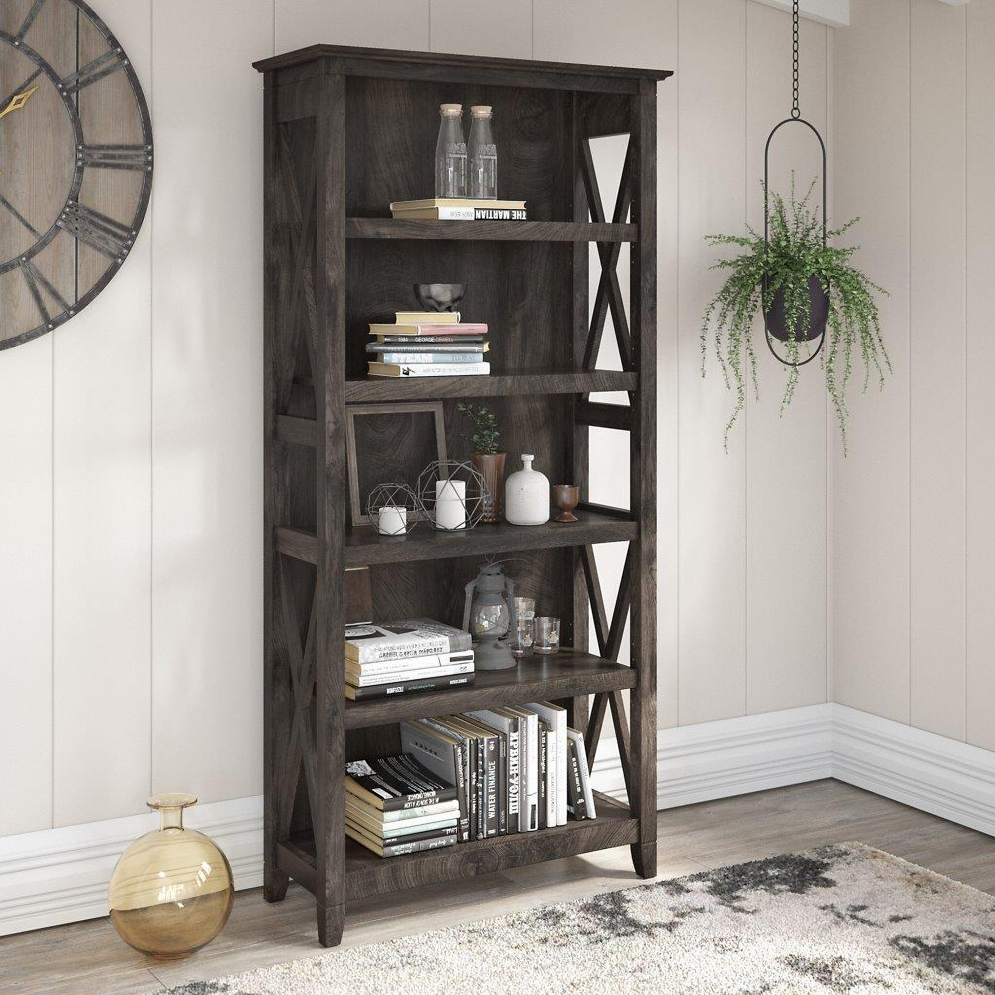 Bush Furniture Key West Tall 5 Shelf Bookcase In Dark Gray Hickory ...