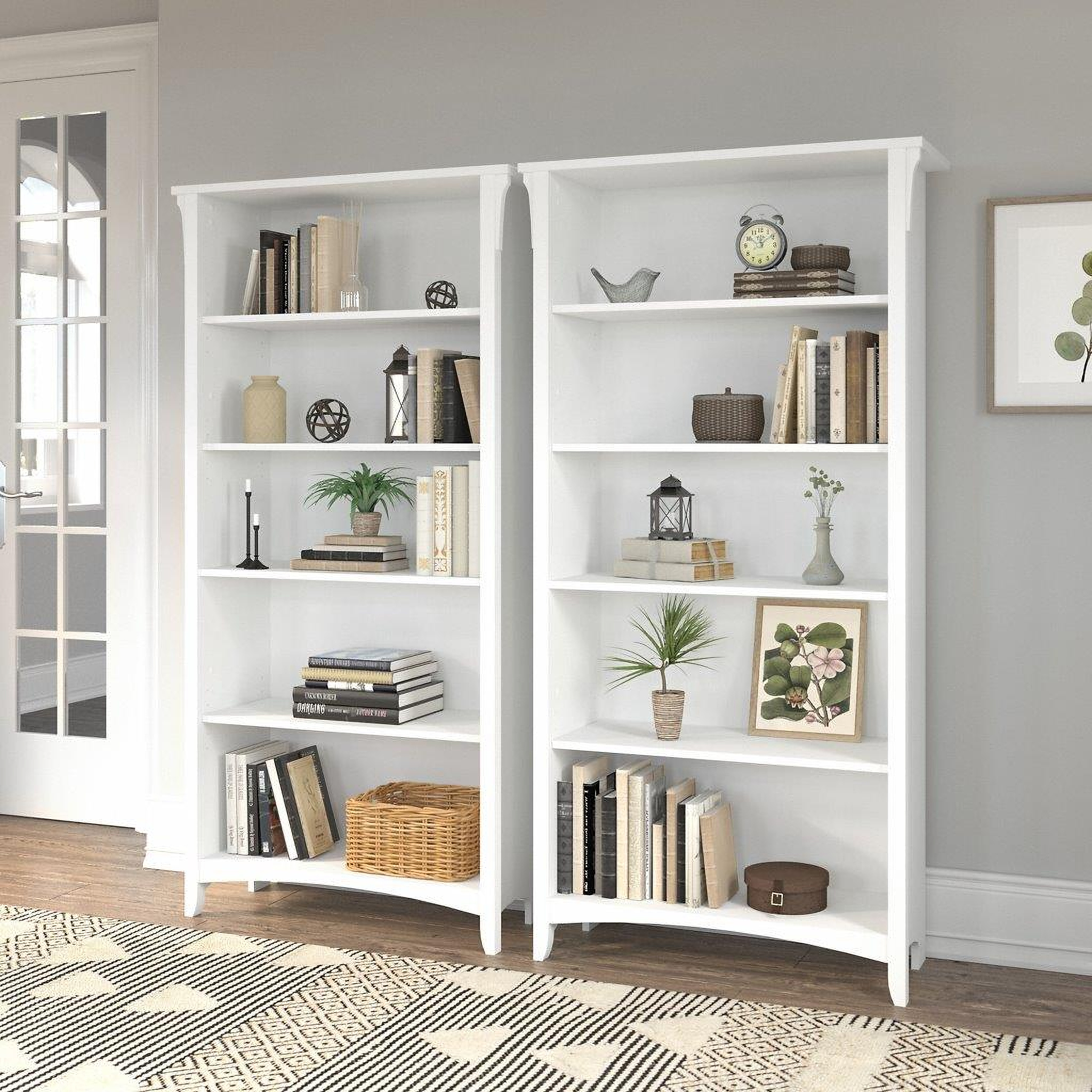 Bush Furniture Salinas Tall 5 Shelf Bookcase - Set of 2 in Pure White ...