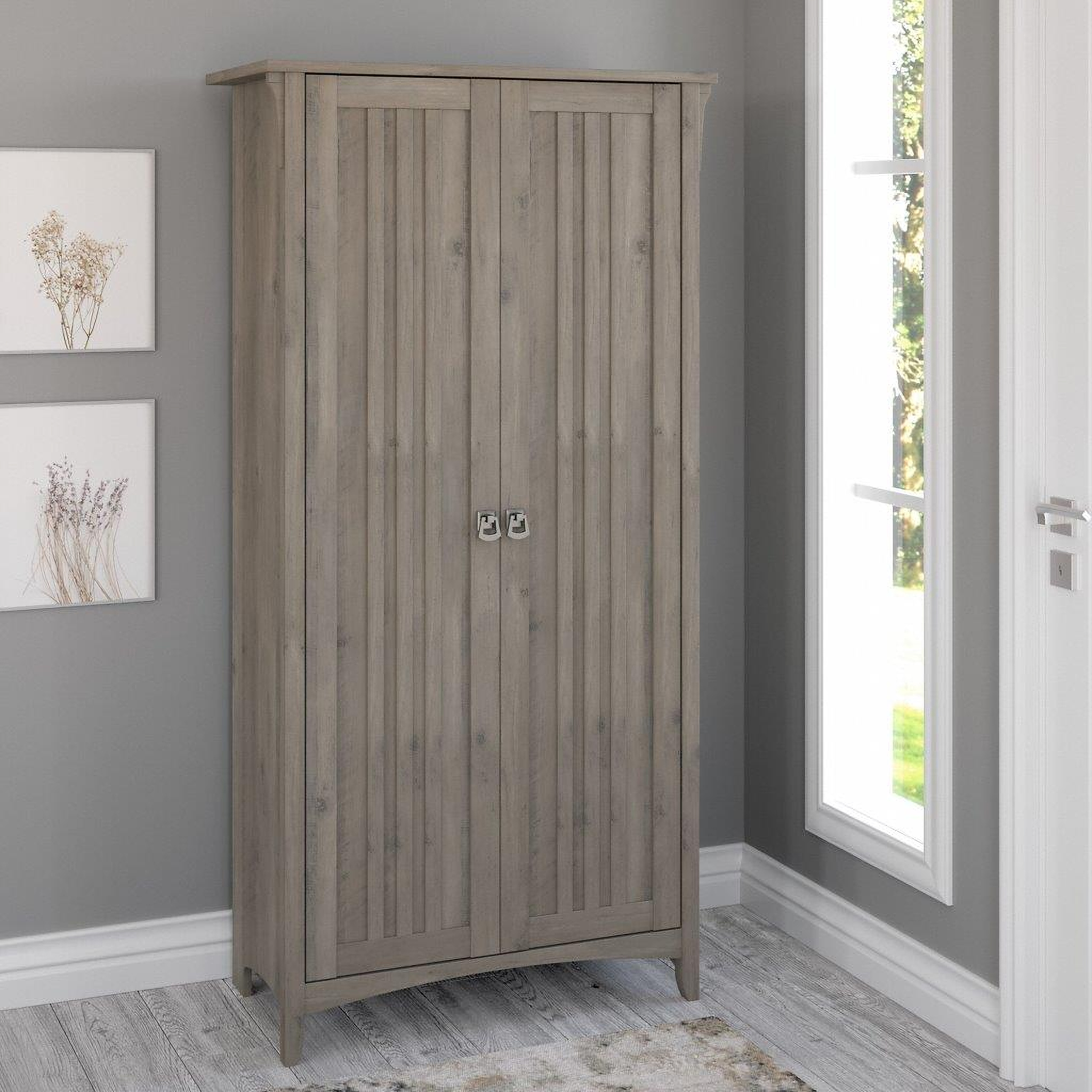 Bush Furniture Salinas Tall Storage Cabinet with Doors in Driftwood Gray 1StopBedrooms
