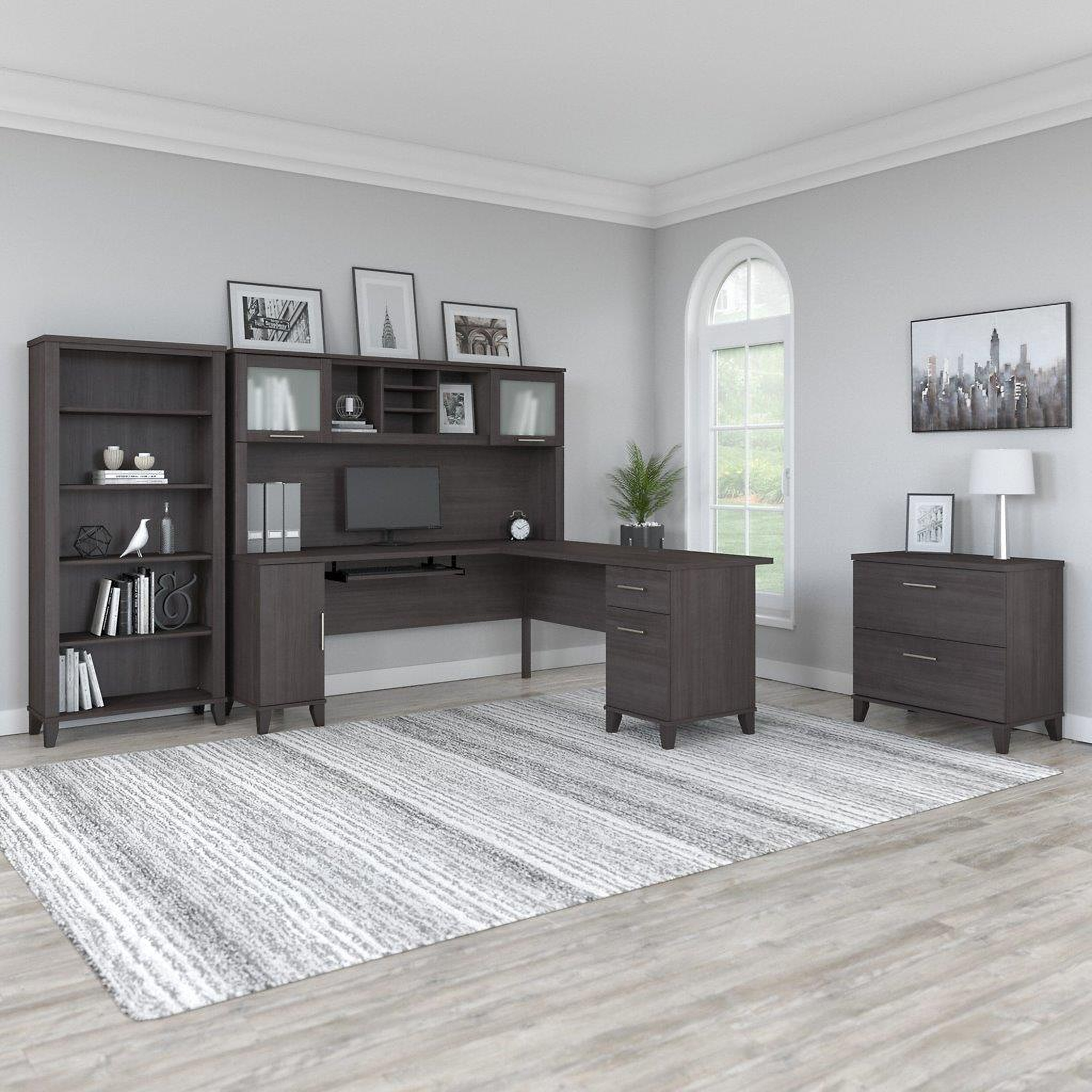 Bush Furniture Somerset 72W L Shaped Desk with Hutch Lateral File Cabinet and Bookcase in Storm Gray 1StopBedrooms