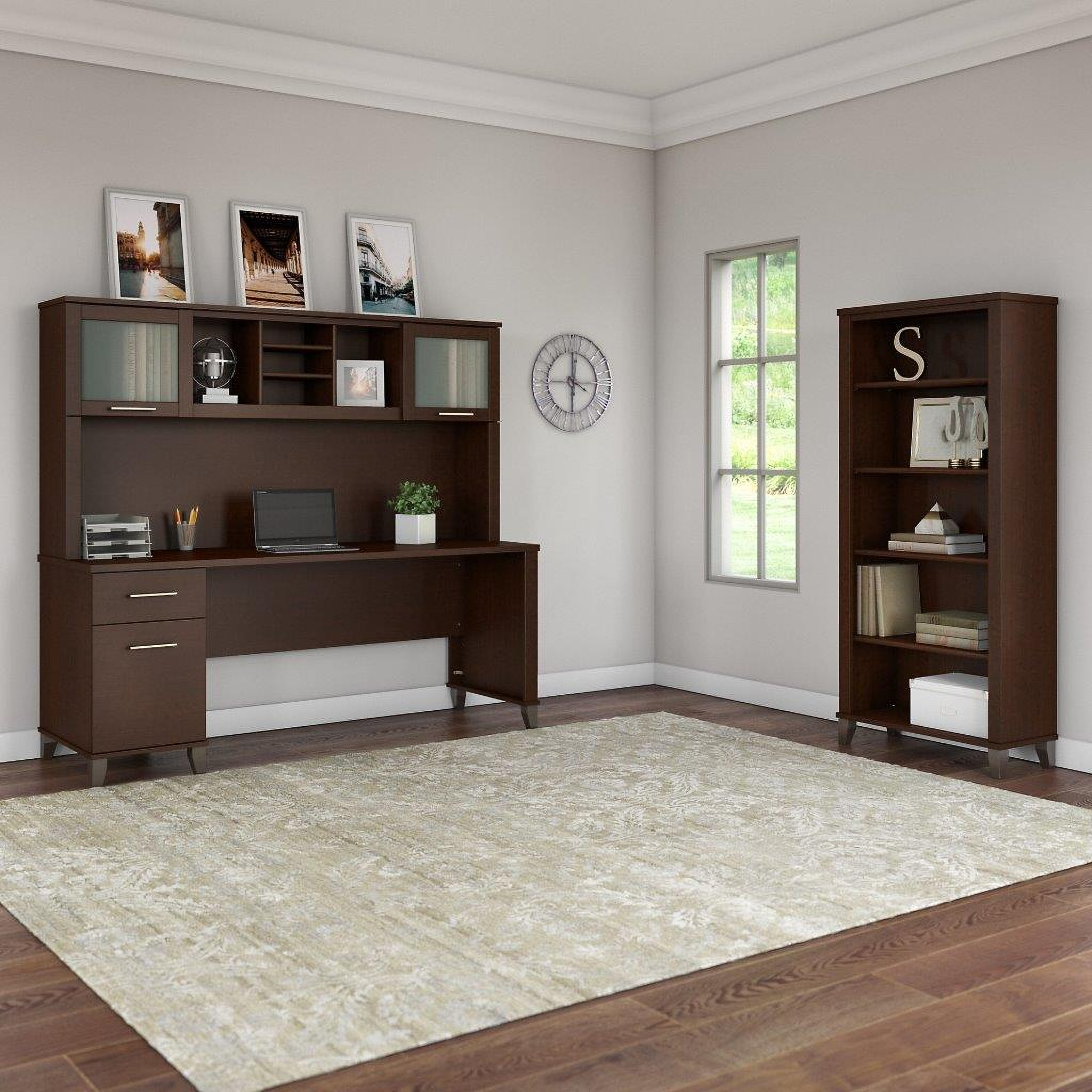 Bush Furniture Somerset 72W Office Desk with Hutch and 5 Shelf Bookcase ...