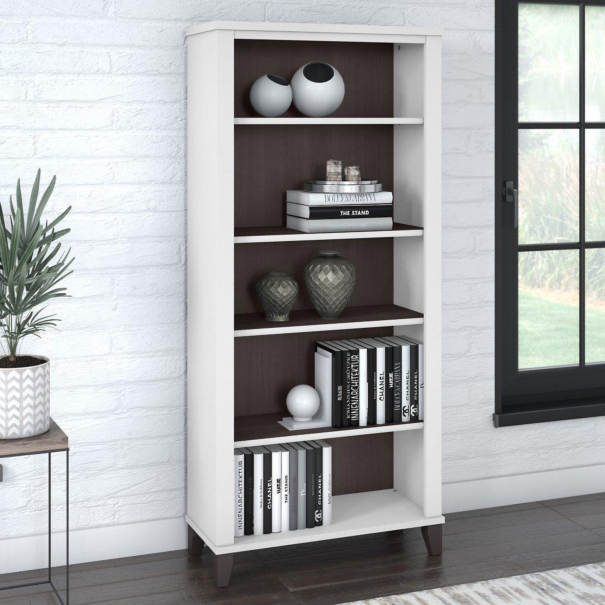 Bush Furniture Somerset Tall 5 Shelf Bookcase in White and Storm Gray ...