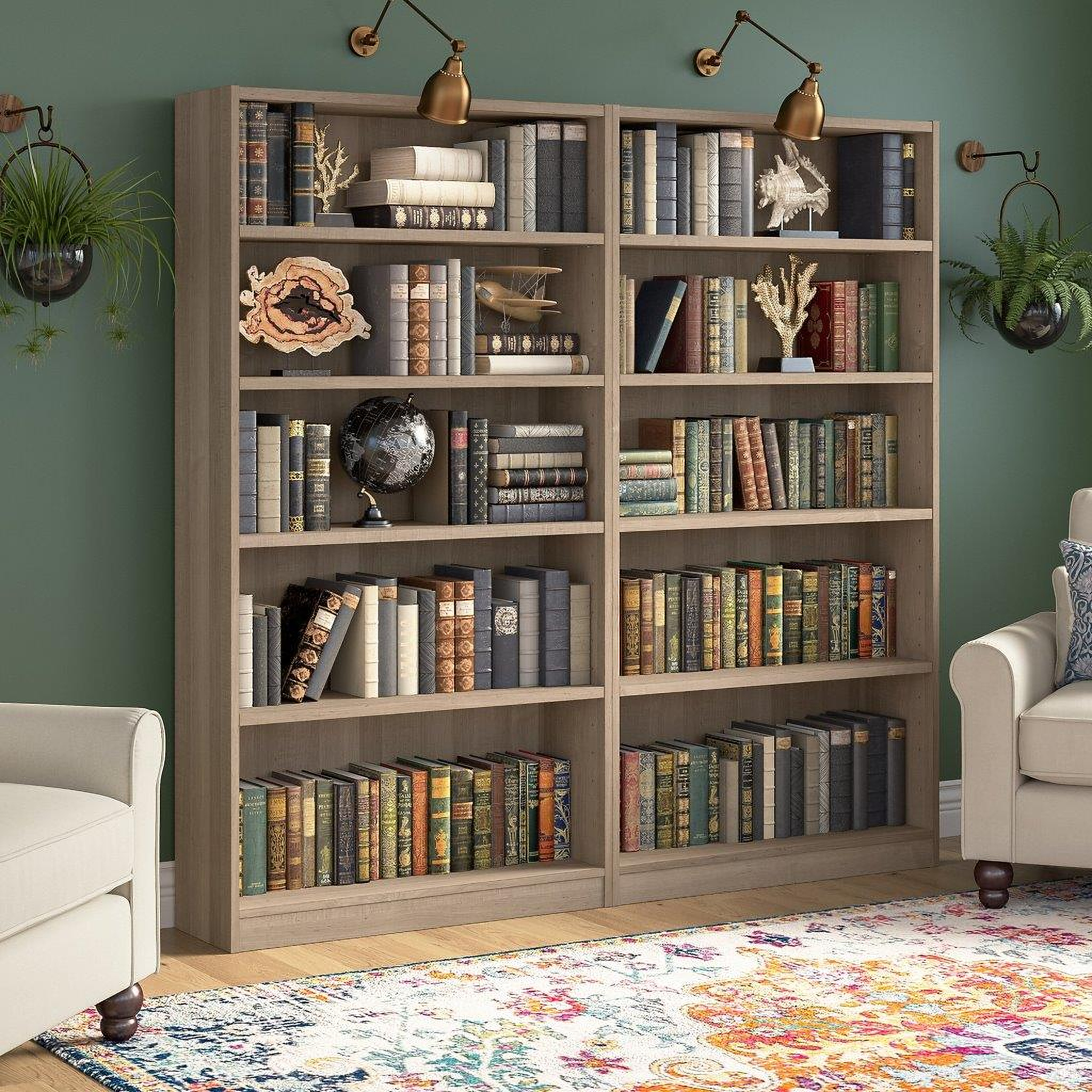 Bush Furniture Universal Tall 5 Shelf Bookcase in Ash Gray - Set of 2 ...