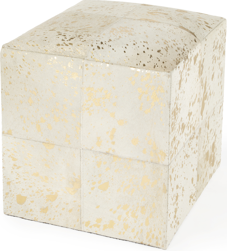 Victorian Hair On Hide with Spots Cube Ottoman In White and Gold by Butler Specialty Company ...